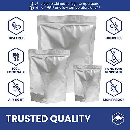 Wallaby 100 Count Mylar Bag Bundle - Multi-Size Pouches, 100x 400cc Oxygen Absorbers, 100x Labels - Heat Sealable, Food Safe & BPA-Free - Long-Term Food Storage for Preppers - Silver (Gusset)
