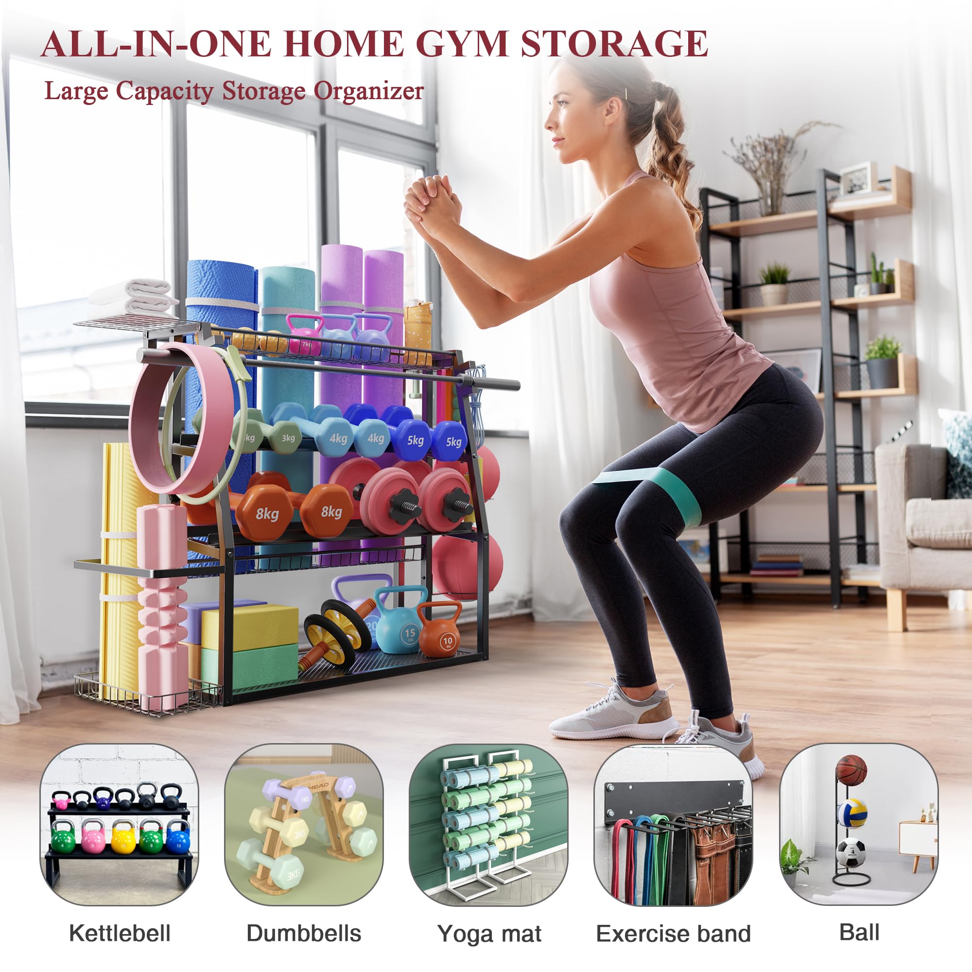 TIL Weight Rack for Dumbbells, Dumbbell Rack Weight Stand, Home Gym Storage for Dumbbells Kettlebells Yoga Mat and Balls, All in One Workout Storage, Workout Equipment Storage Rack with Hooks