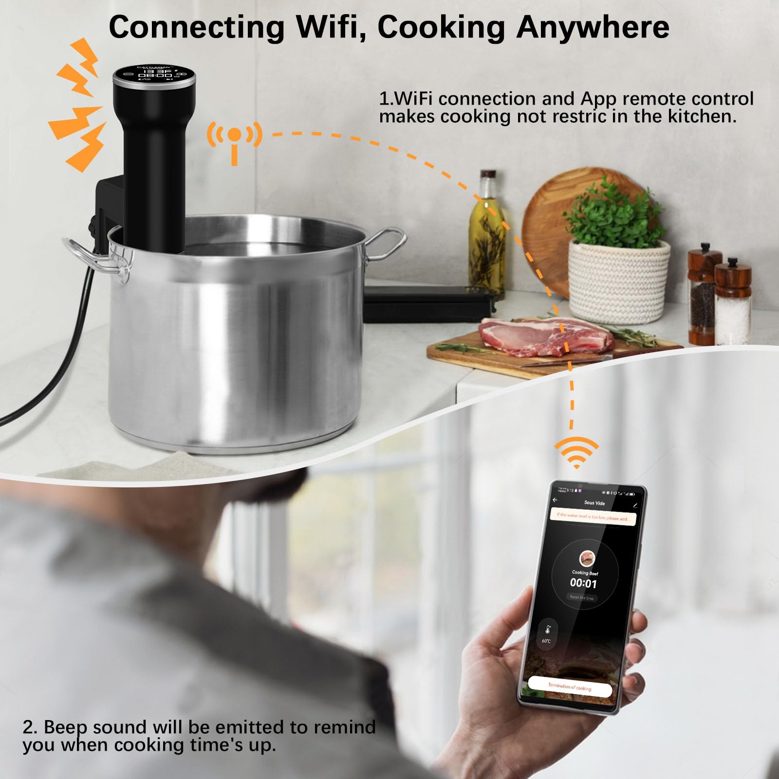 Sous Vide Machine Wi-Fi, Immersion Circulator Precise Cooker, Sous Vide Kit with 30 Vacuum Seal Bags, Vacuum Pump, Cookbook, Accurate Temperature & Timer, 1000W, IPX7 Waterproof, Cattleman Cuisine