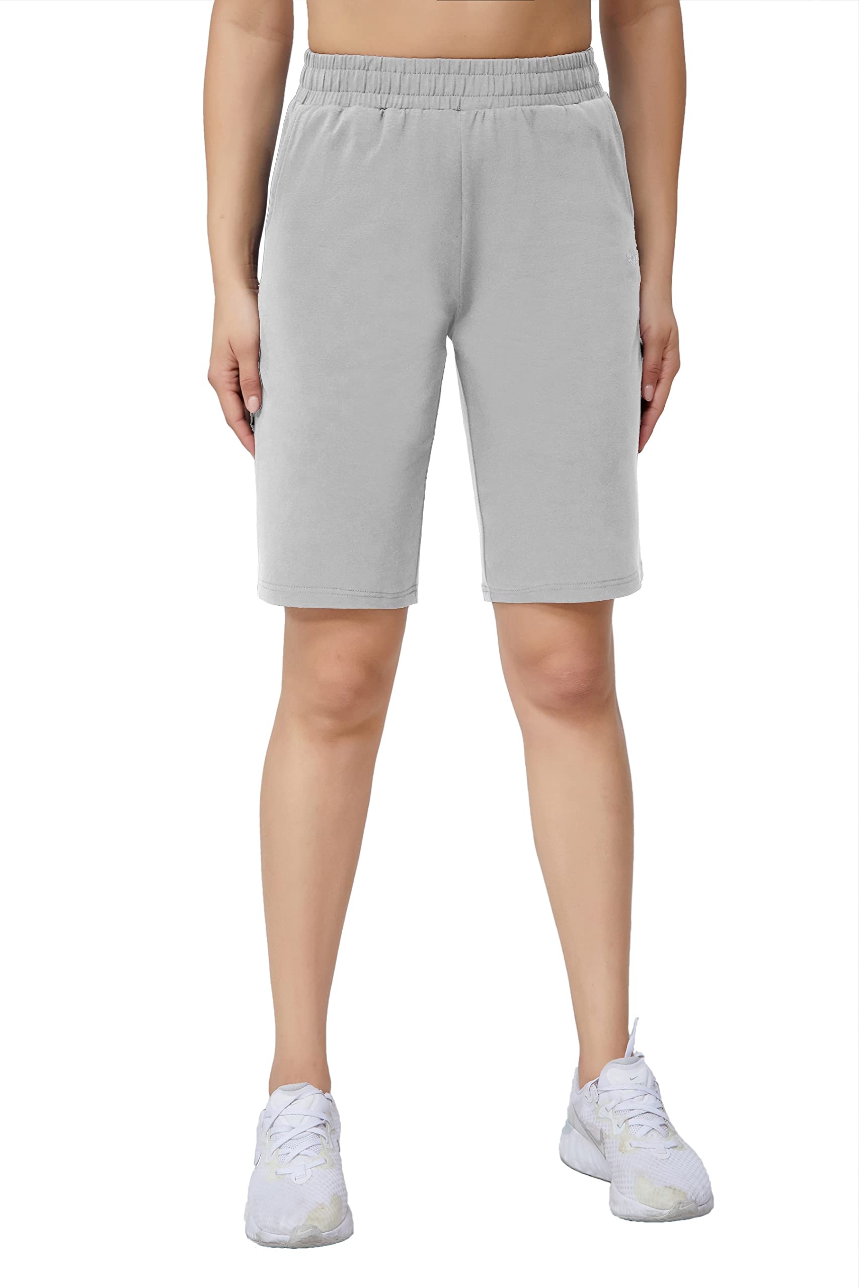 Women 10" Athletic Long Shorts High Waisted Running Workout Hiking Gym Cotton Short Pockets Light Grey XXL