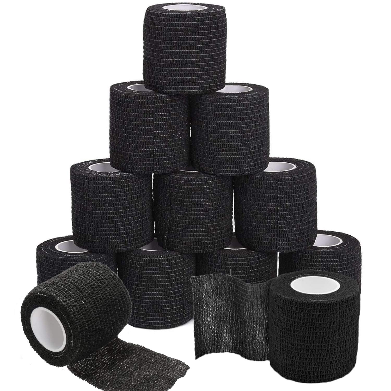 Self Adherent Cohesive Bandages 2" x 5 Yards - 12 Pack Self Adherent Wrap Medical Tape, Black Adhesive Flexible Breathable First Aid Gauze Wrap for Medical Use, Sports, First Aid Wrist Ankle (Black)