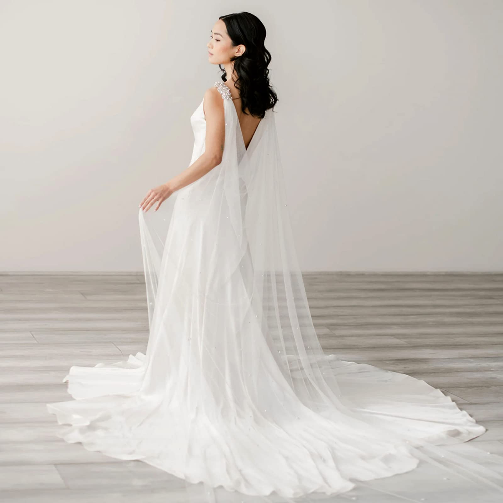 Women's Long Bridal Wedding Shoulder Capes Wedding Veil Cloak Pearl Veil (Ivory)