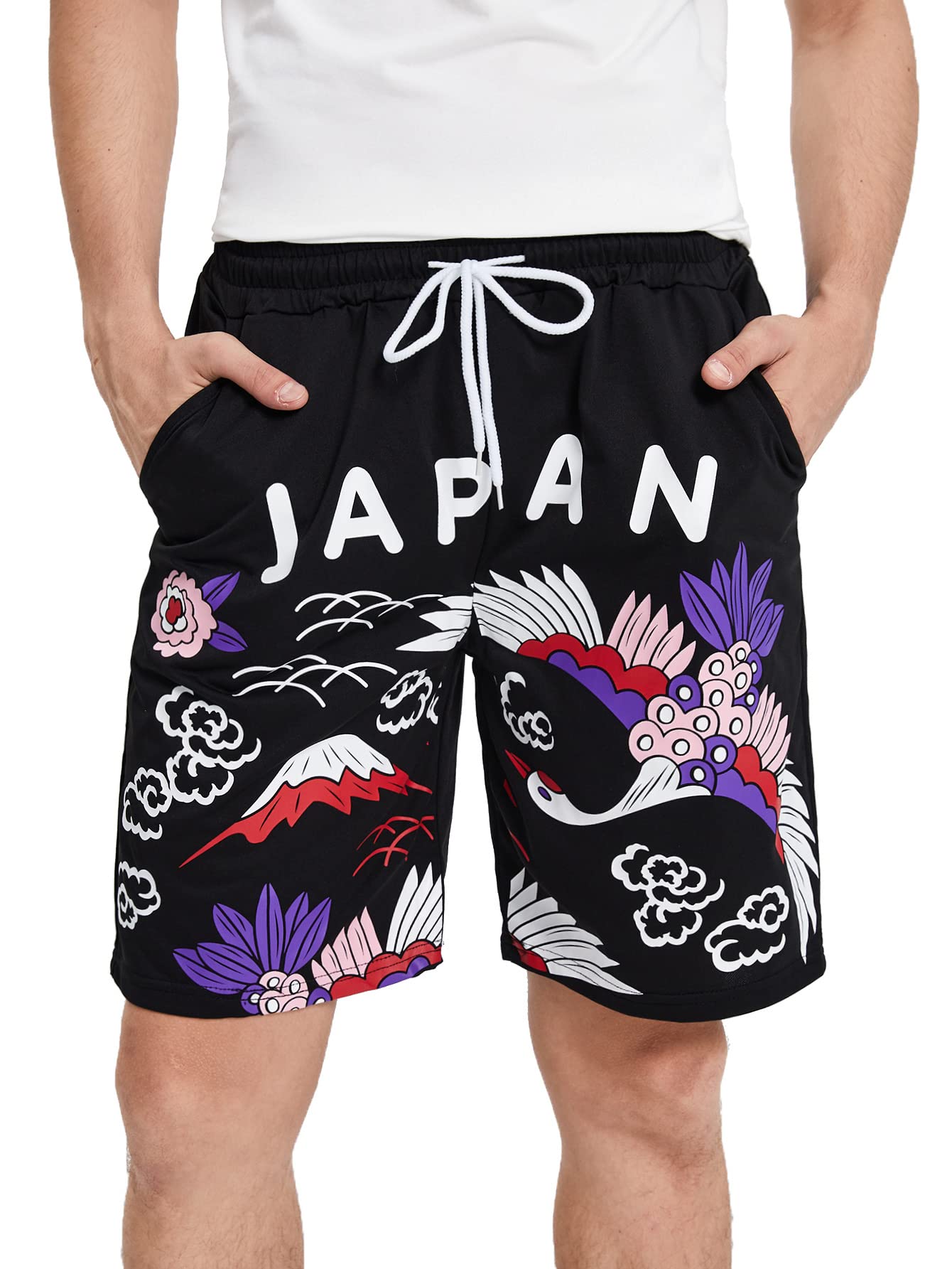 WDIRARA Men's Japanese Letter Graphic Print Drawstring Waist Active Shorts with Pocket Multicolor Black S