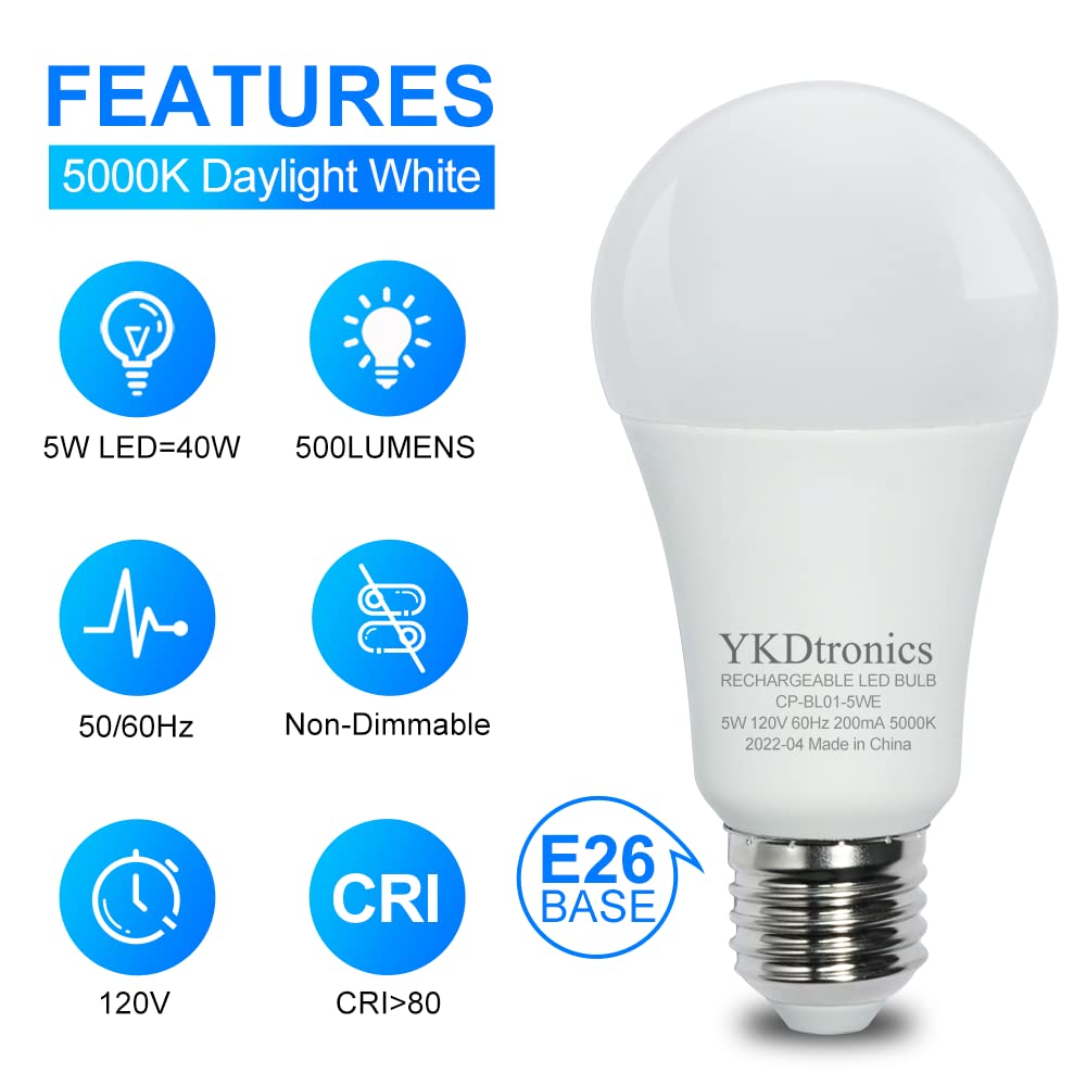 YKDtronics Rechargeable Emergency Light Bulbs, Multi-Function Battery Light bulb for Power Outage, Camping, 2000mAh Battery Backup 850 Lumens 9W 60W Equivalent 5000K Daylight E26/E27 120V 4Pack