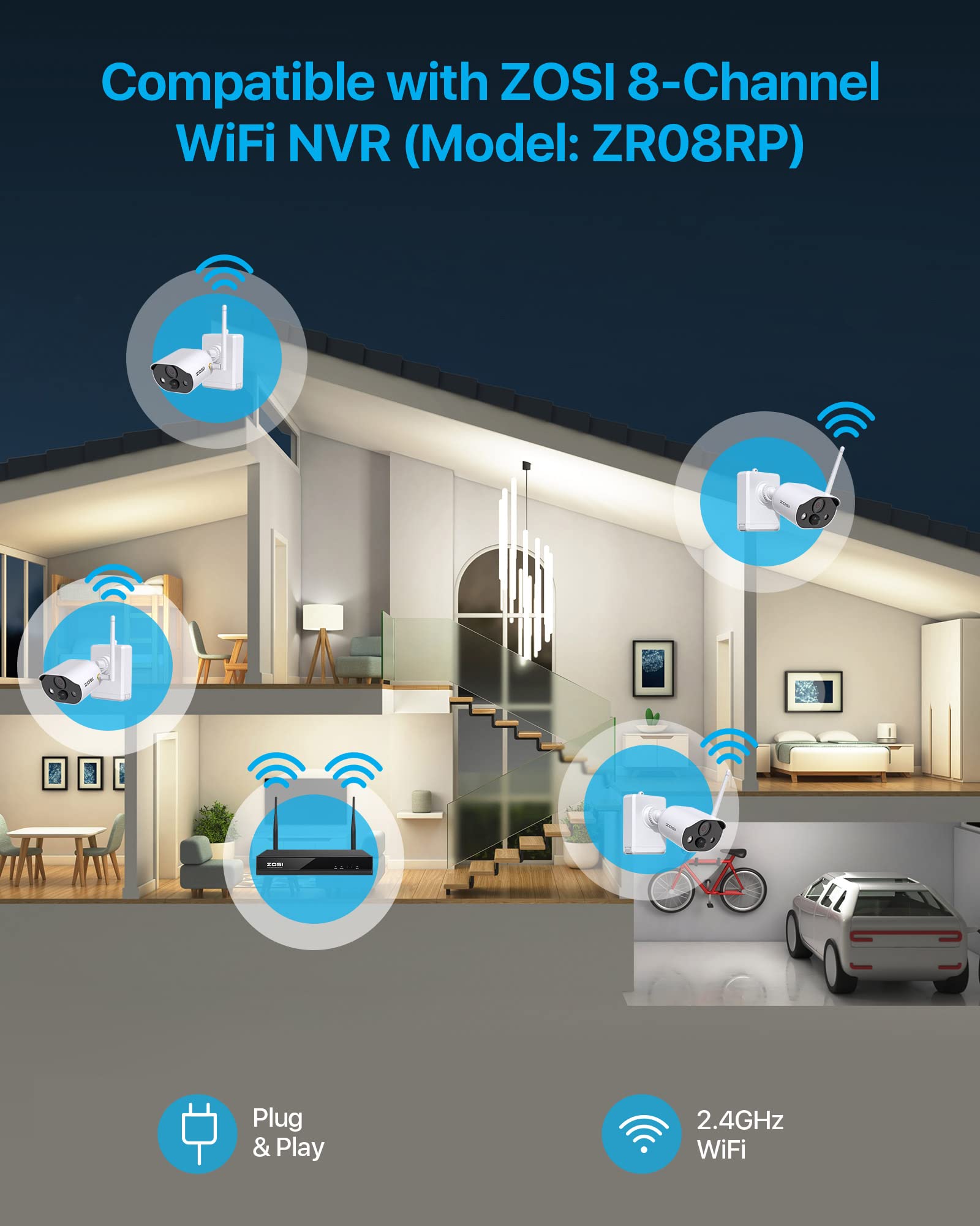 ZOSI C306Pro Add-on Battery Powered Wireless Security Camera, Wire-Free Outdoor Camera with Night Vision, Spotlight, 2-Way Talk, PIR, Light & Siren Alarm (Only Work NVR: 1NR-08RP10-US)