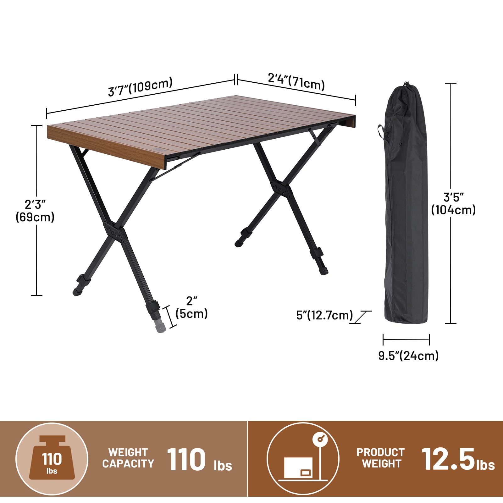 TIMBER RIDGE Folding Camping Table Adjustable Height, 4-6 Person Lightweight Aluminum Roll-up Table for Camping Outdoor Picnic BBQ Backyard Party Support 110lbs