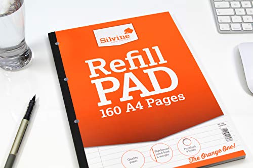 Silvine 160 Page A4 Refill Pad, Side Bound and Punched 4 Holes. Ruled 8mm Feint with Margin. Ref A4SRPFM