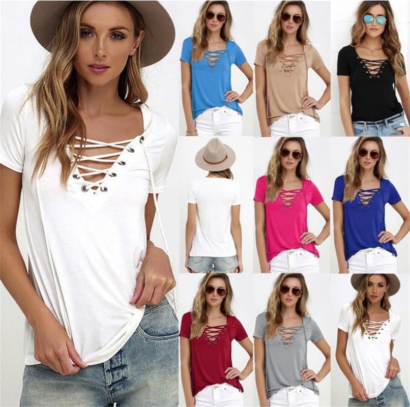 Andongnywell Women's Sexy Off Shoulder Short Sleeve Lace Up Casual Tunic Solid Color Blouse Tops Shirts (Black,4X-Large,)