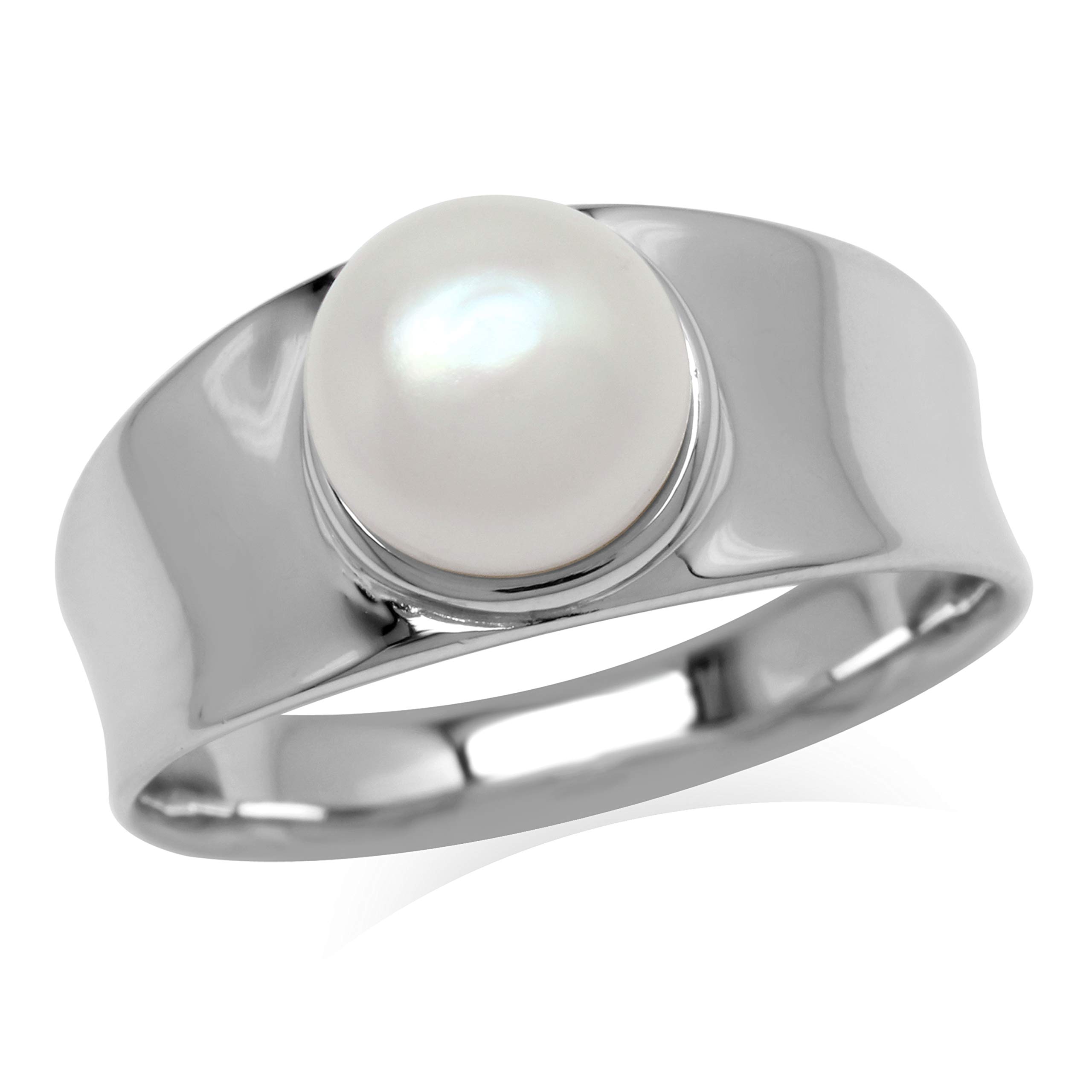 Silvershake 8MM White Cultured Freshwater Pearl 925 Sterling Silver Band Ring Size 8