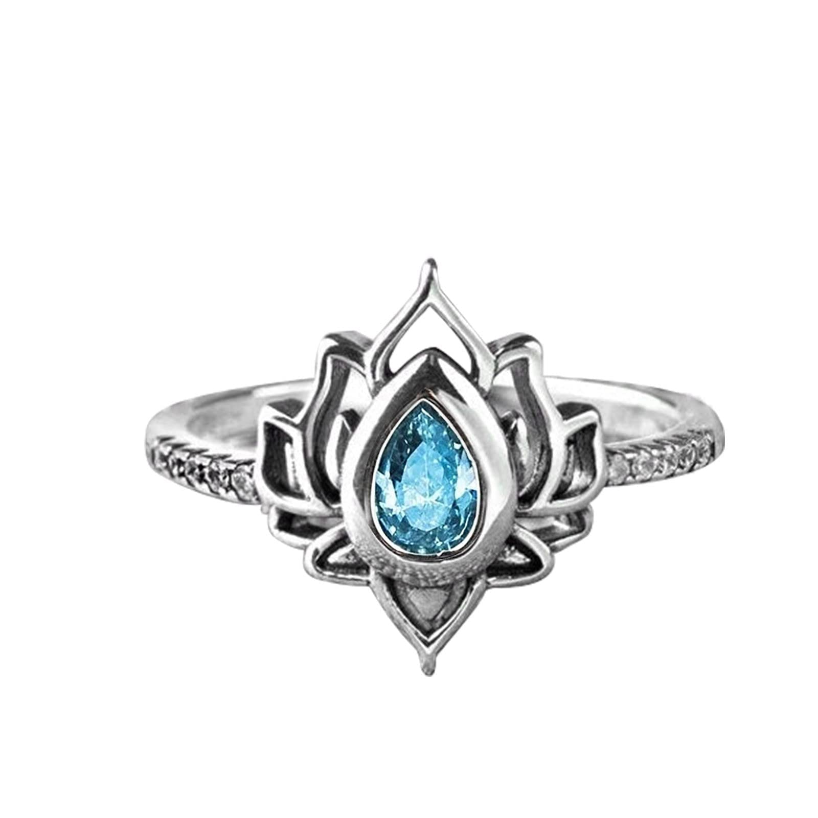 Womens Vintage Lotus Ring with Diamonds Zircon Engagement Ring,Wedding Gift for Loved Ones, Valentine's Day Gift (10, Blue)