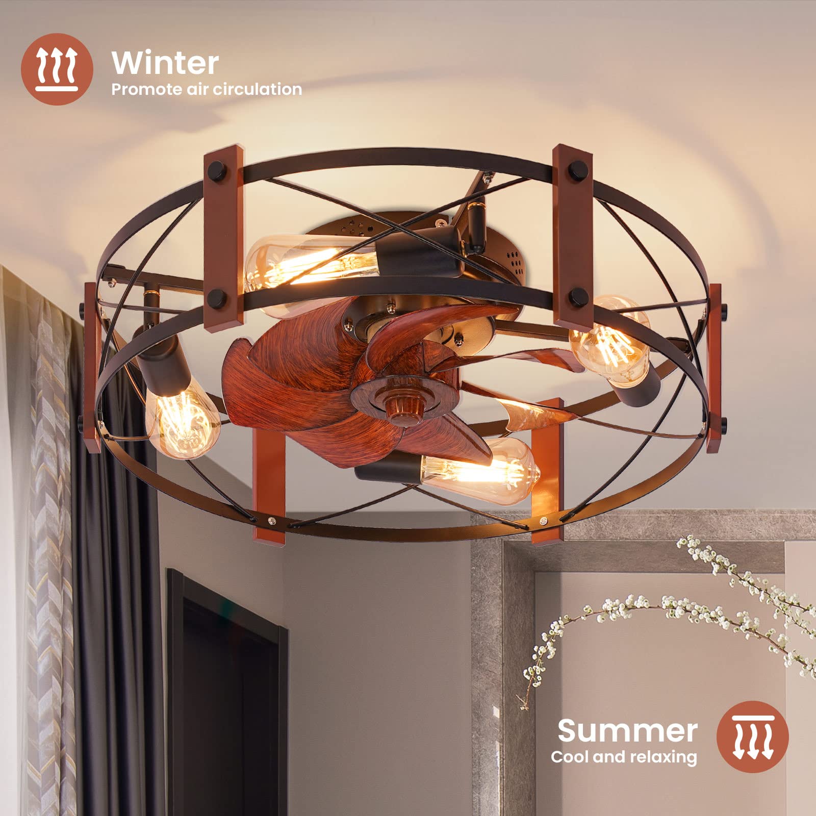 OUTFINE M4 Fandelier Ceiling Fan 20.5" with 4-Light DC Motor and 6 Speeds Reversible Remote Control Flush Mount Low Profile Indoor with 5 Blade for Living Room, Bedroom