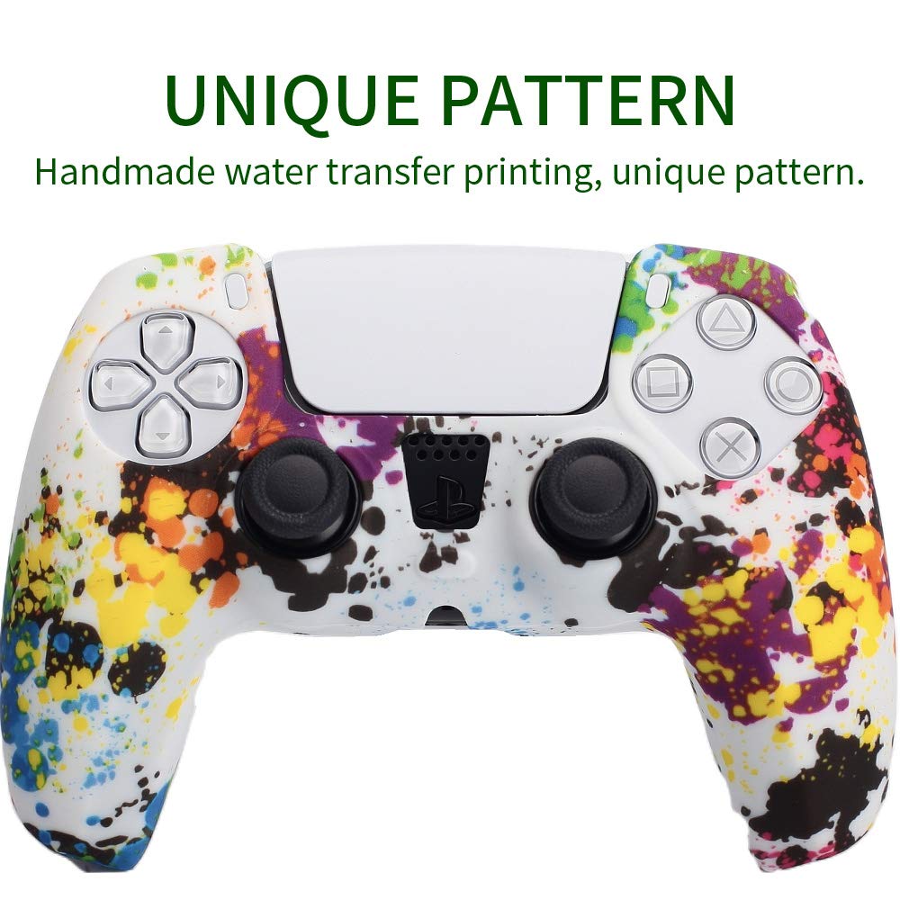 Skin Cover for Sony PS5 Dualsense Controller, White Silicone Protecte Case Printing Cool Art Spots, with Pro Thumb Grips x 12