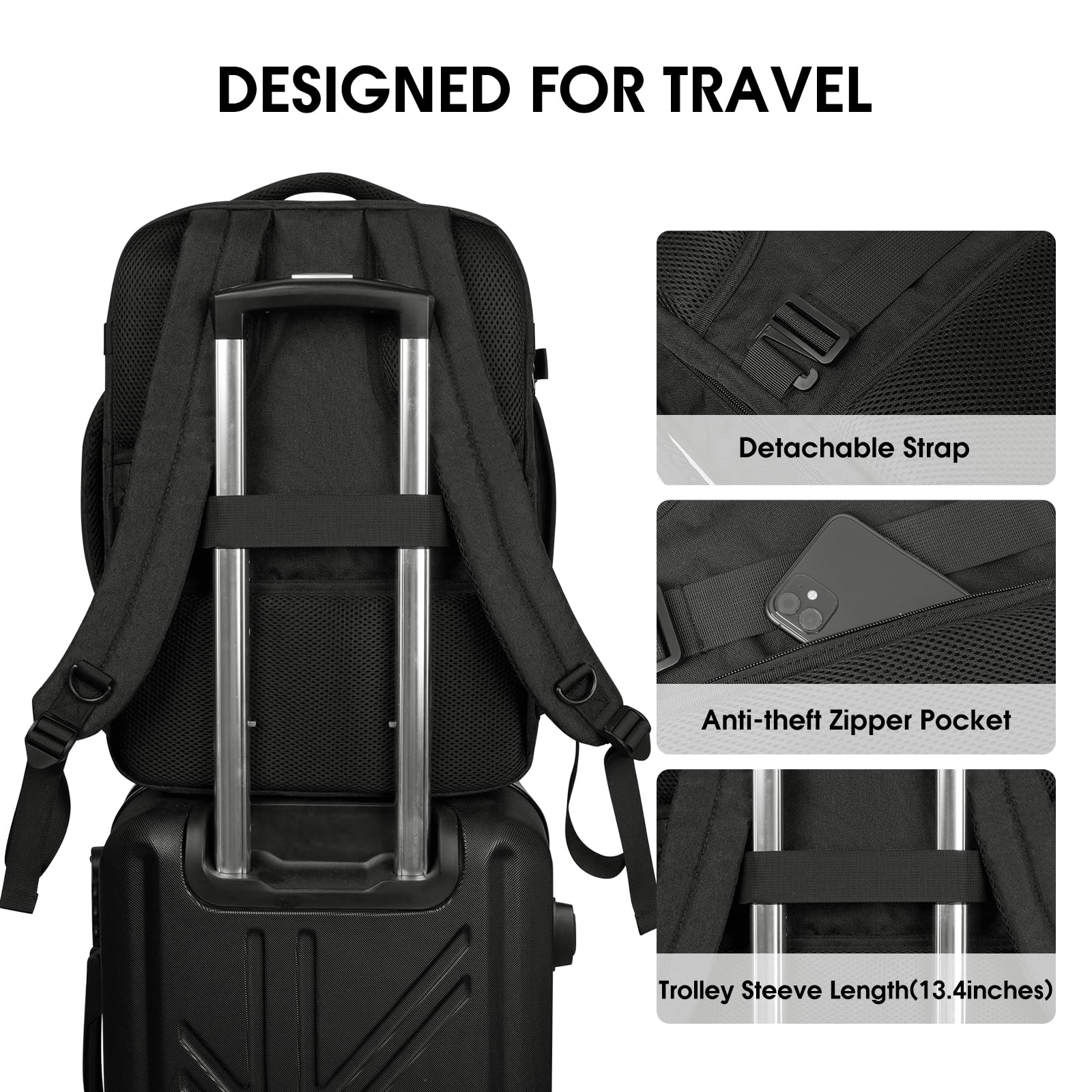 WANDF Travel Backpack For Spirit Airlines Personal Item Bag 18x14x8 with Wet Pocket, 17 Inch Laptop Backpack for Men Women(Black)