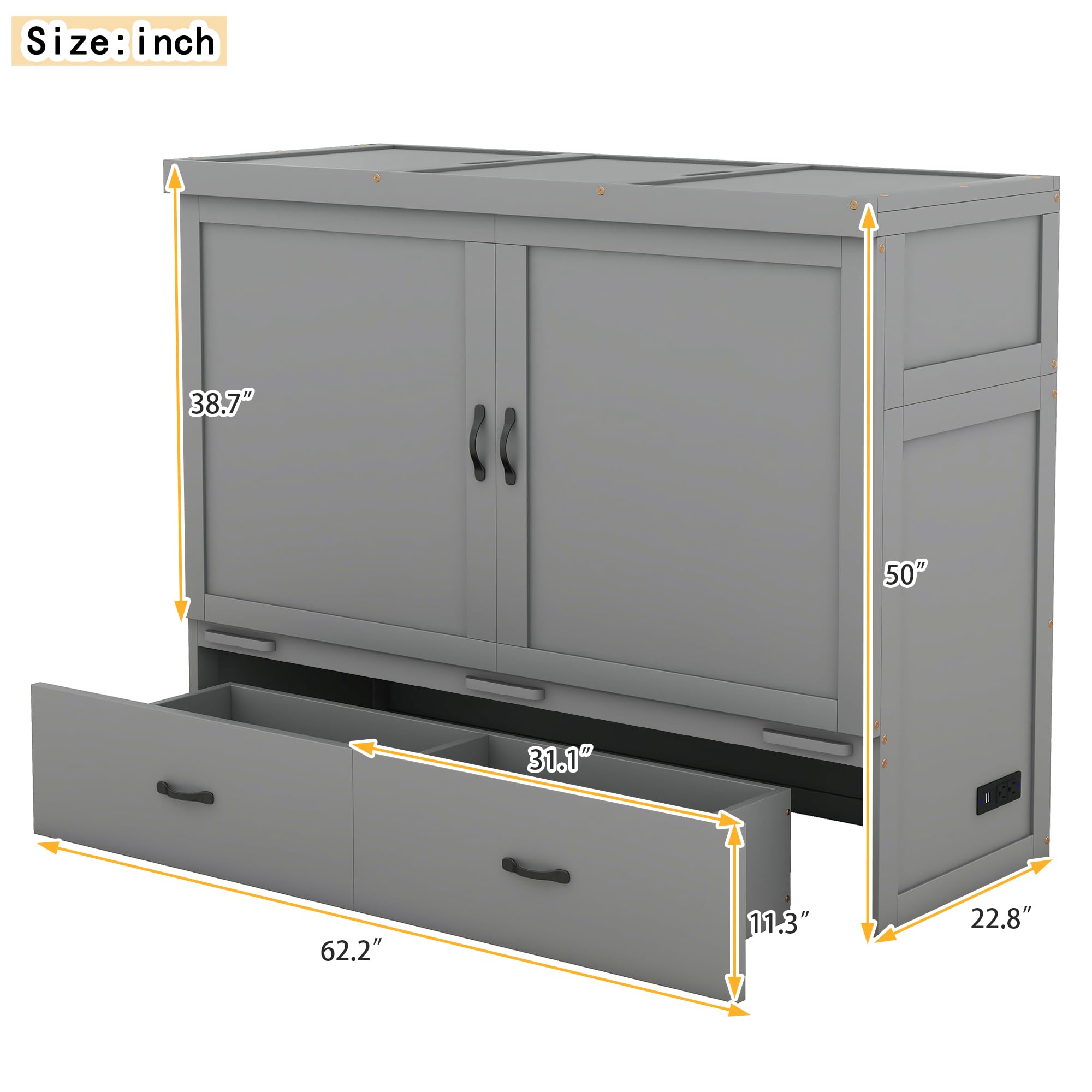 Queen Size Murphy Bed and Storage Drawers and USB Port, Space-Saving Wall Bed with Storage,Murphy Bed for Living Room