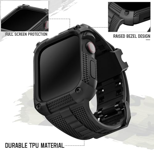 Wristitani Compatible with Rugged Apple Watch Band with Bumper Case 45mm for iWatch Series 9/8/7, Durable TPU Sport Strap with Full Coverage Screen Protector, 45mm Black