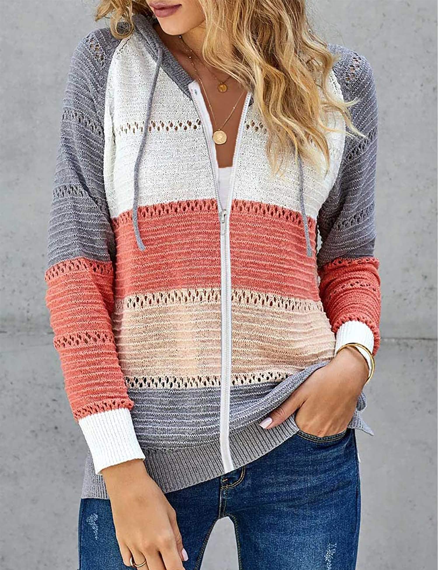 Womens Lightweight Stripes Sweatshirts Zip Up Zipper Hooded Sweatshirts Jackets Orange M