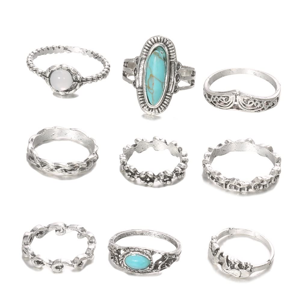 Turquoise Ring Set Silver Rings for Women Stackable Rings Set Opal Middle Finger Ring Flower Knuckle Rings for Women Elephant Ring Midi Rings for Girls Stacking Rings