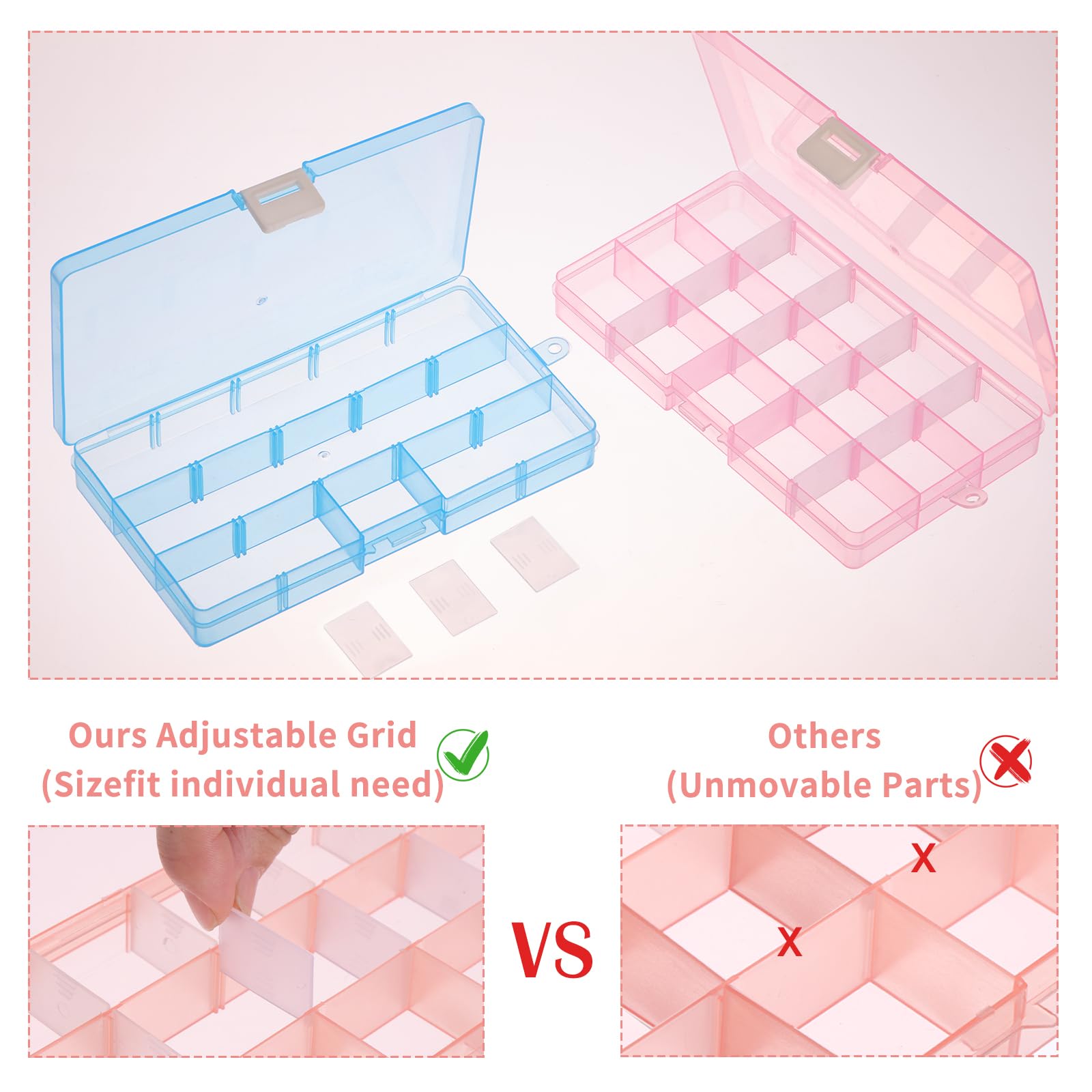 QUEFE 4 Pack 15 Grids Bead Organizers and Storage, Small Plastic Jewelry Organizer Box with Removable Dividers for Beads Earring Storage Containers(6.9 x 3.9 x 0.9 Inches)