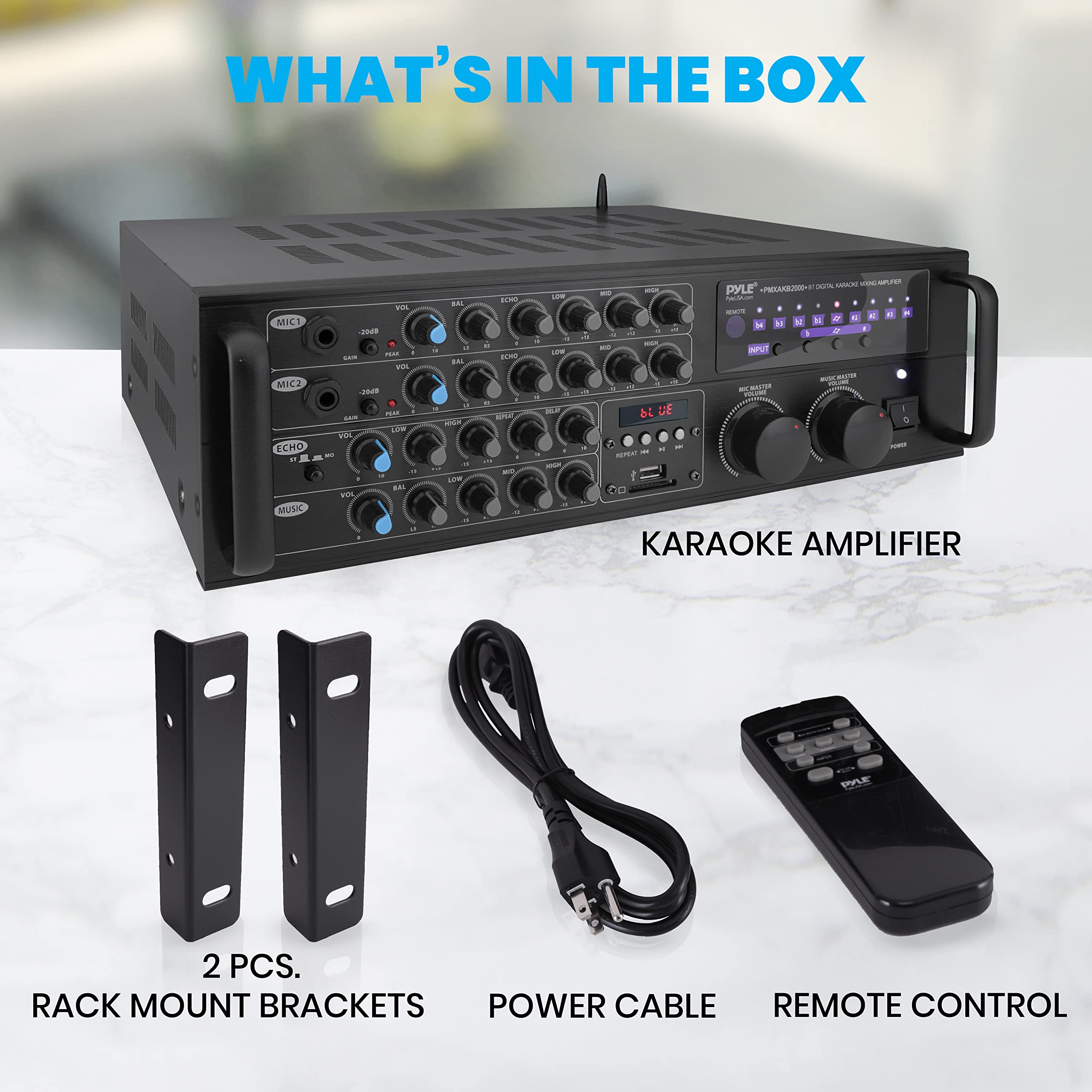 Pyle Dual Channel Bluetooth Mixing Amplifier - 2000W Rack Mount Karaoke Sound Mixer Audio Home Stereo Receiver Box System w/ RCA, USB, AUX - For Speaker, PA, Home Theater, Studio/Stage PMXAKB2000
