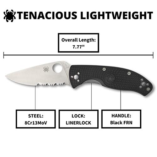 Spyderco Tenacious Lightweight Folding Utility Pocket Knife with 3.39" Stainless Steel Blade and Black FRN Handle - Everyday Carry - CombinationEdge - C122PSBK