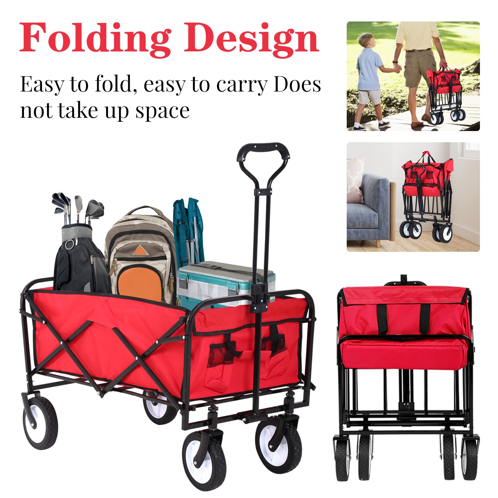 Pazidom Collapsible Wagon Large Capacity Folding Wagon Portable Beach Utility Wagon Cart Outdoor Foldable Garden Cart with All-Terrain Wheels & Adjustable Handle, Red