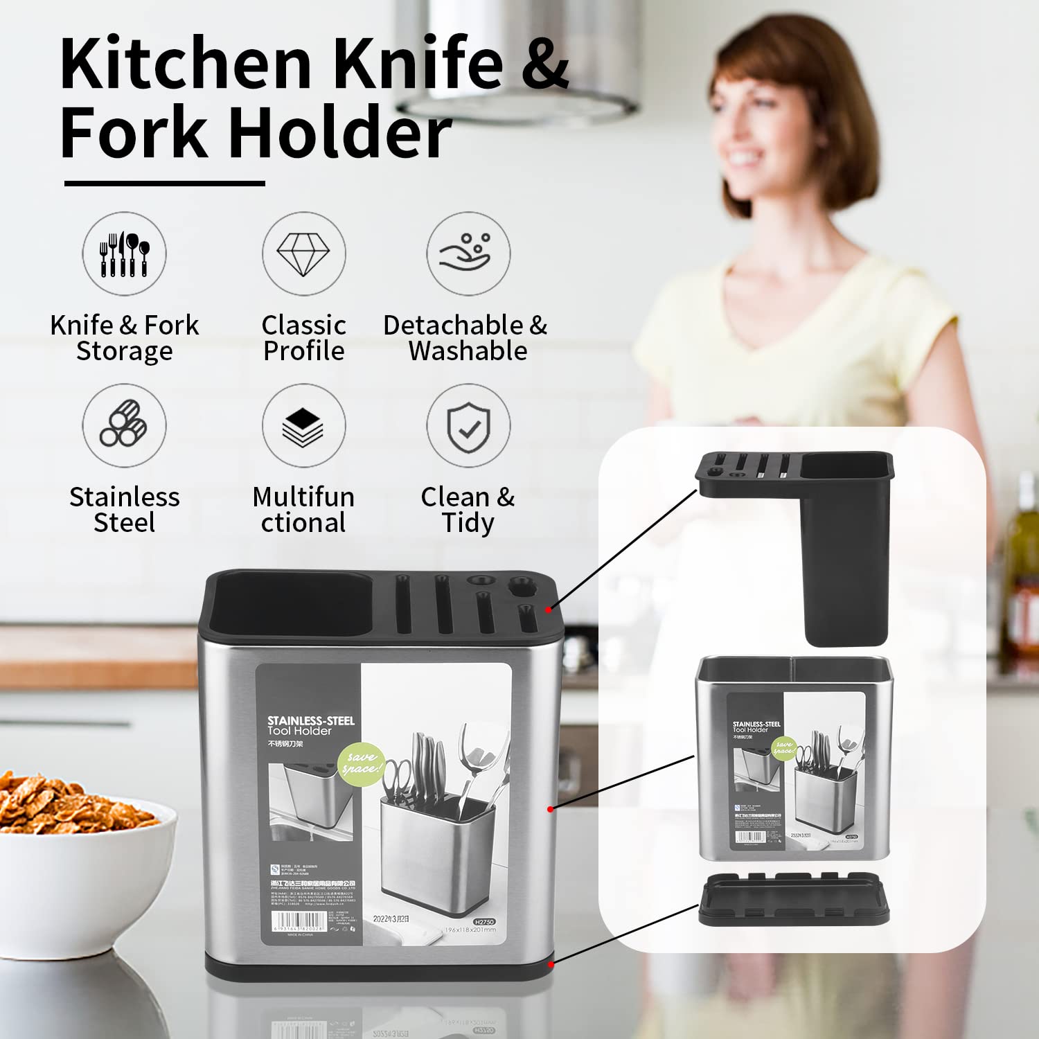 WanWanKa Kitchen Utensil Holder, Rotating Stainless Steel Utensil Caddy with Removable Divider, Countertop Utensil Organizer with Detachable Base