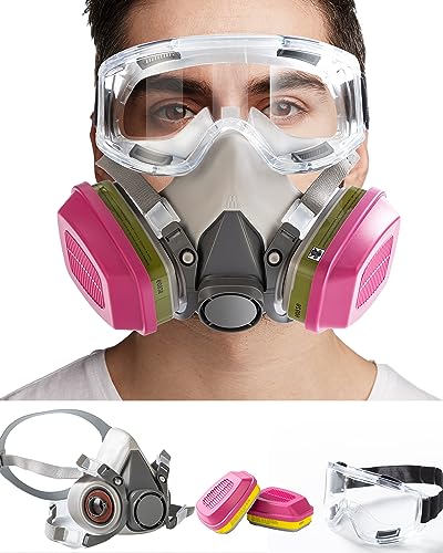 Reusable Respirator Mask, Chemical Respirator Half Facepiece with Anti-Fog Safety Goggle Set Against Dust/Organic Vapors/Chemical/Particle/Pollen for Painting, Sanding Work