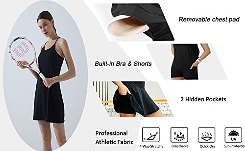Women's Sleeveless Exercise Tennis Dress with Built-in Bra & Shorts Golf Workout Athletic Dresses Pockets Black