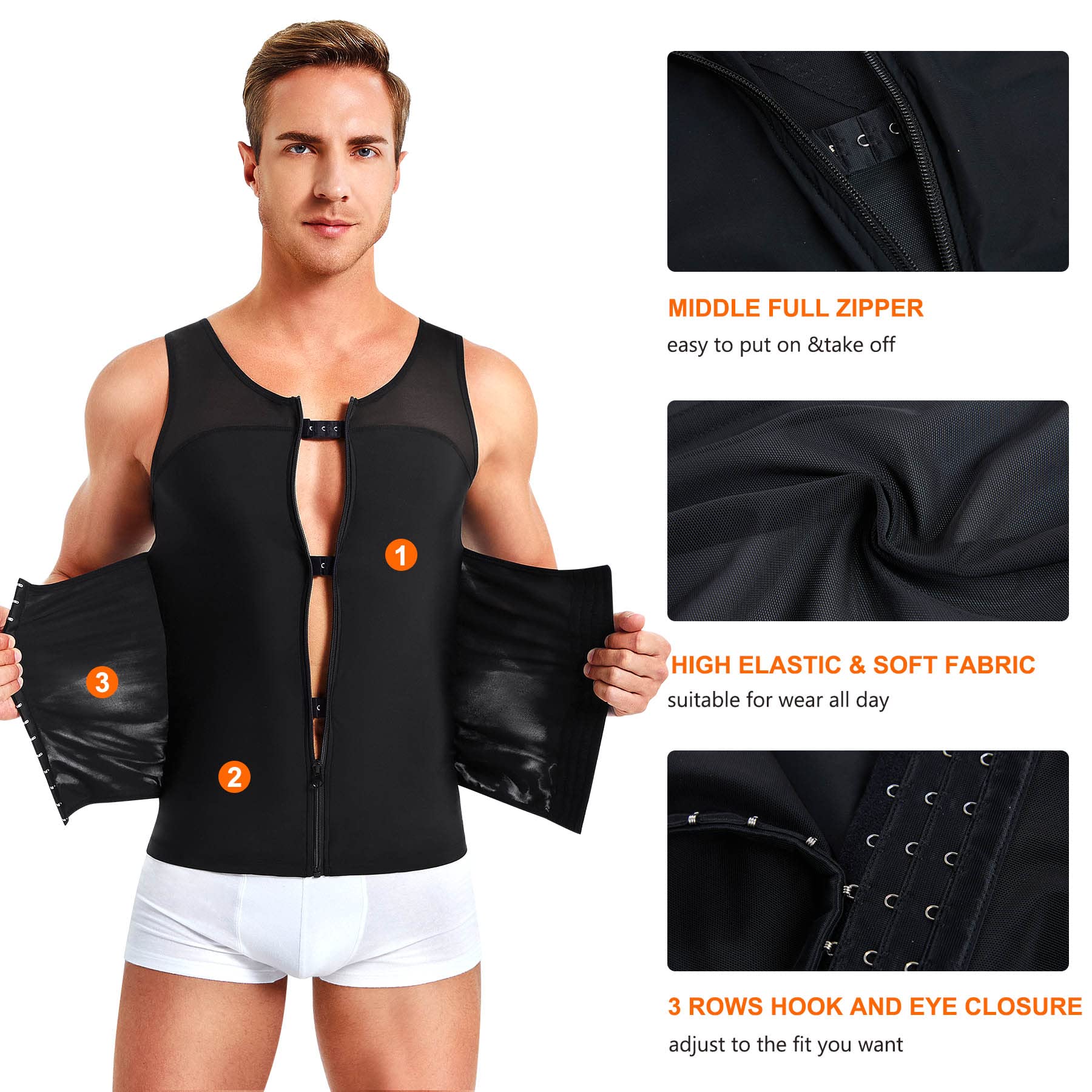 Wonderience Compression Shirts for Men Zipper Slimming Body Shaper Waist Trainer Tank Top Vest with Hooks(Black,Small)