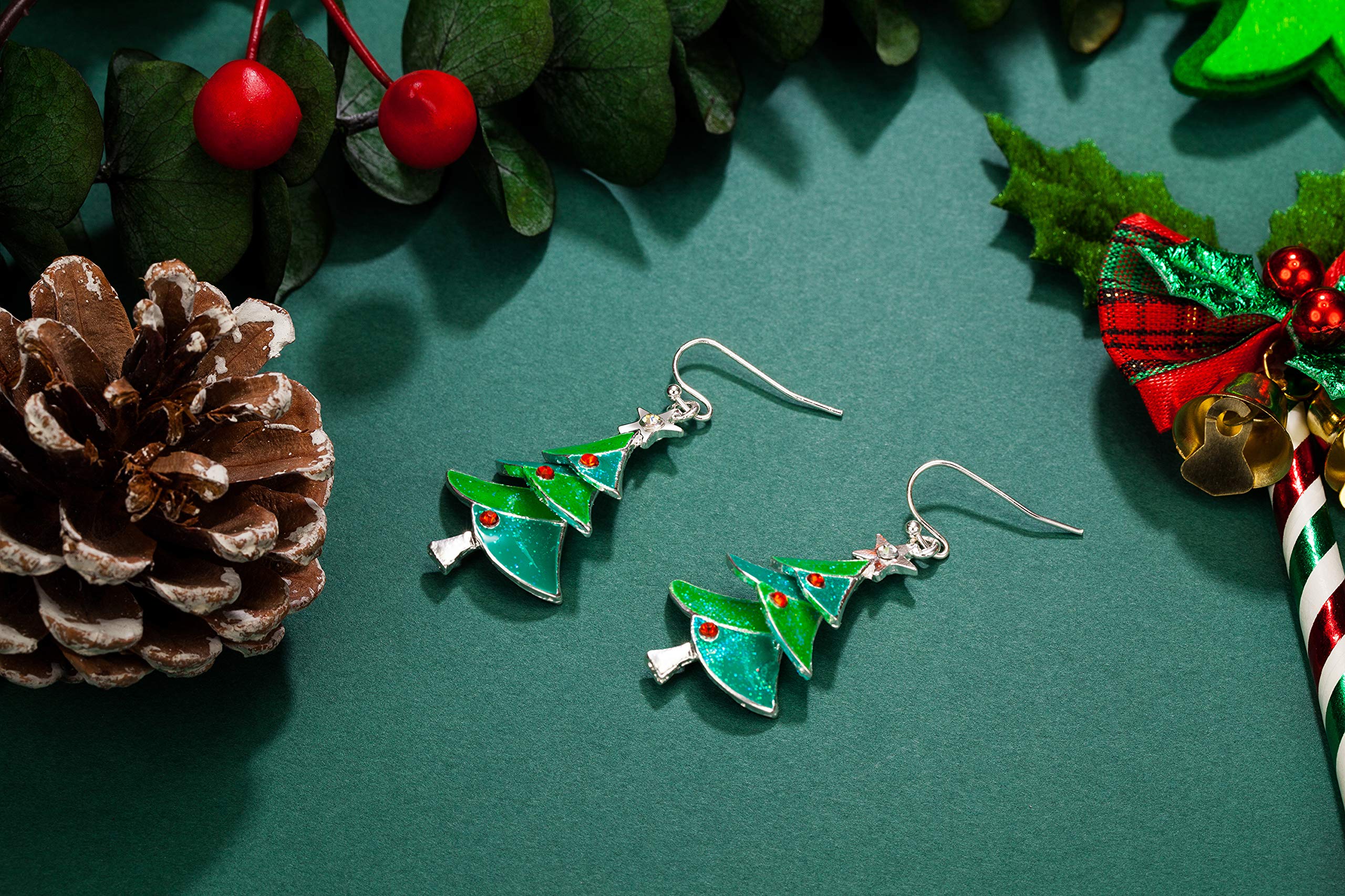 RareLove Green Christmas Tree with Star Red Rhinestone Pierced Dangle Earrings CZ Crystal Silver Plated Alloy Holiday For Women