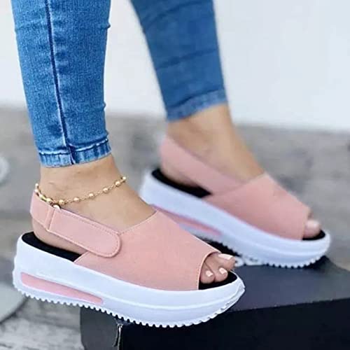 Women's Summer Sandals,Comfy Knit Thick Bottom Fish Mouth Casual Sandals Mesh Soft Sole Casual Shoes Slingback Sandalsv Pink