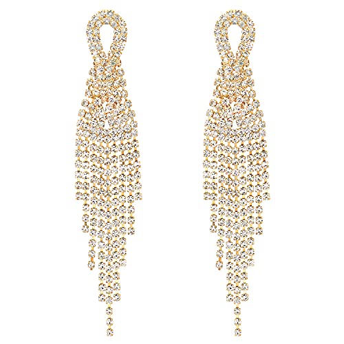 Sparkling Bridal Wedding Prom Rhinestone Tassel Long Dangle Drop Large Gold Color Statement Earrings