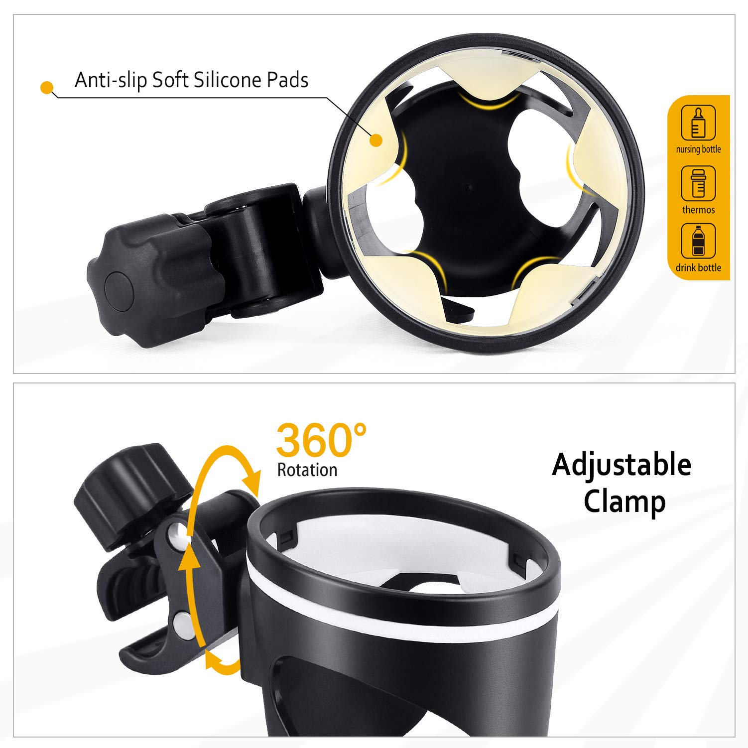 Stroller Drink Holder, Universal Cup Holders for Bikes, Trolleys or Walkers, Fits Most Cups