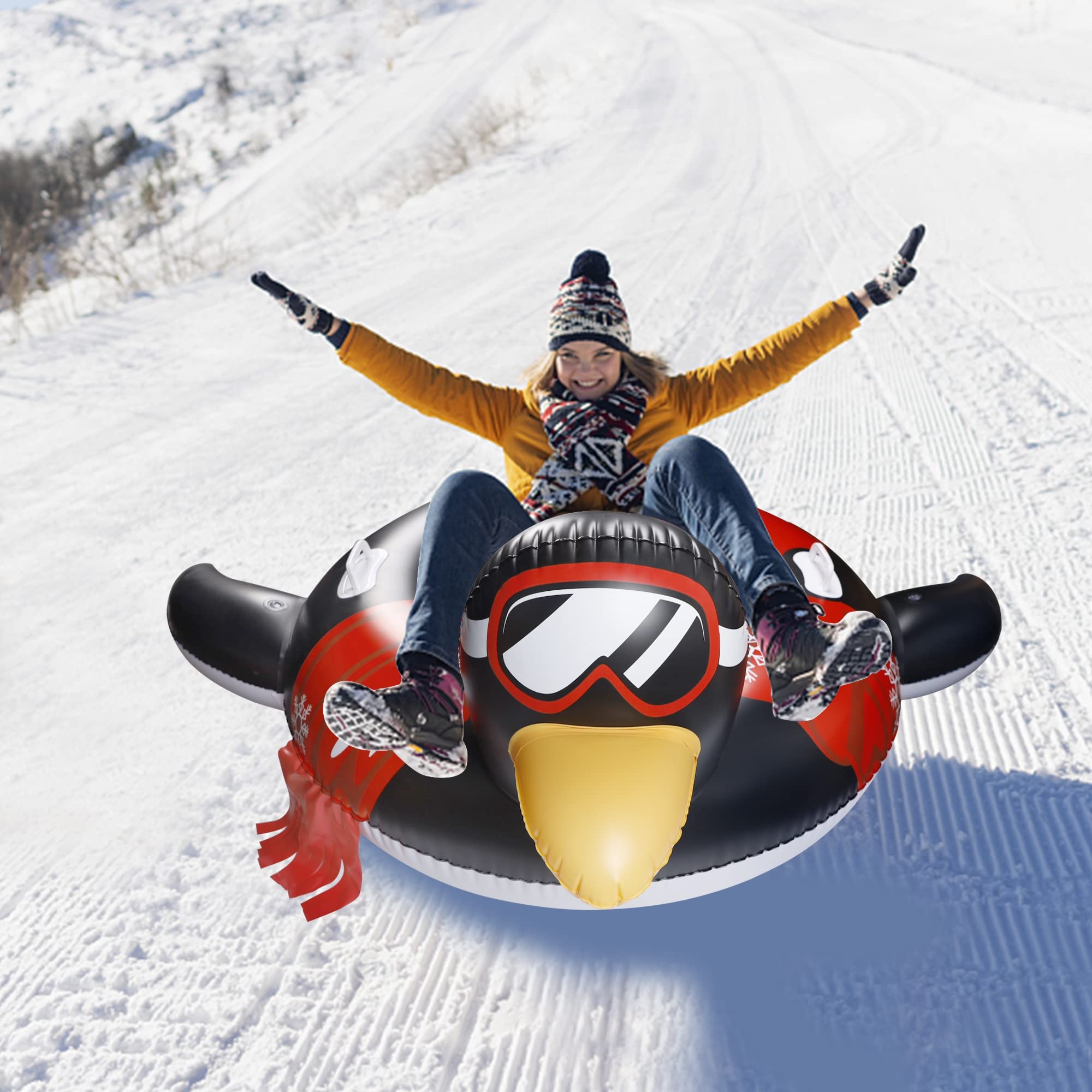 Triumpeek Snow Tubes, Inflatable Snow Sleds Heavy Duty Sledding Snowboard with Handles Winter Outdoor Fun (Penguin)