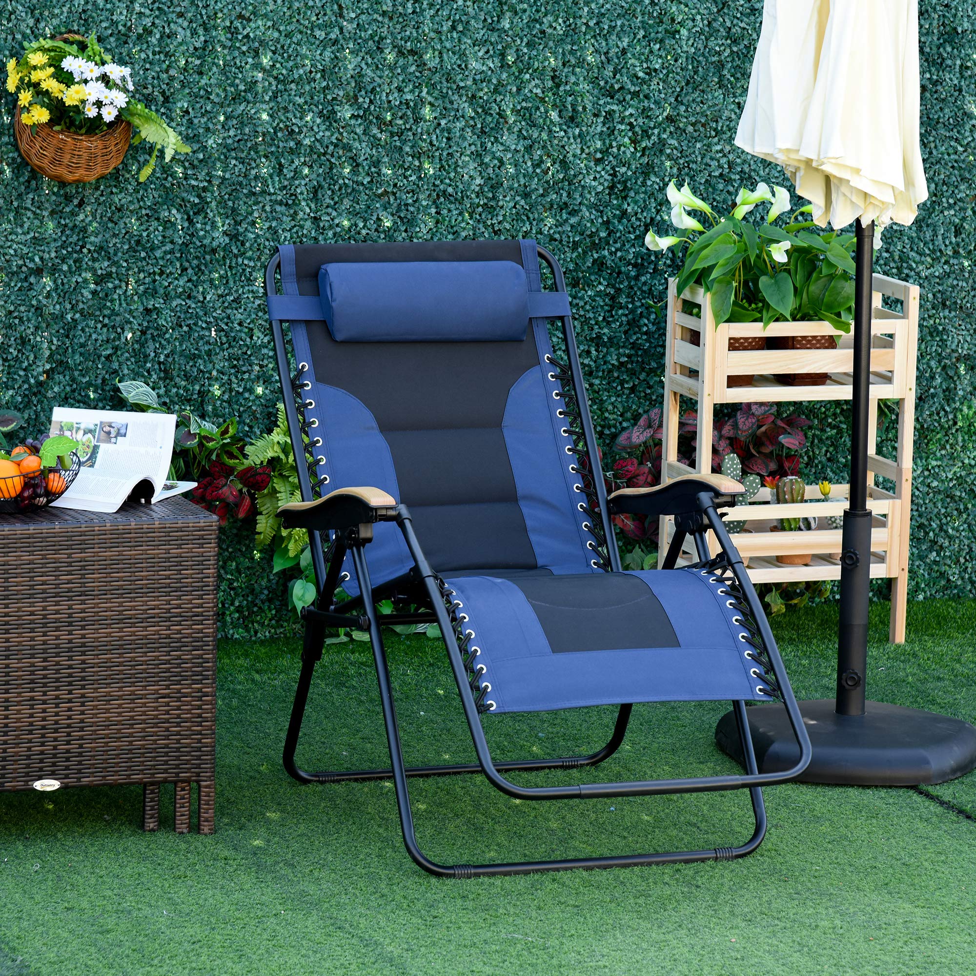 Outsunny Foldable Outdoor Lounge Chair with Footrest, Oversized Padded Zero Gravity Lounge Chair with Headrest, Cup Holders, Armrests for Camping, Lawn, Garden, Pool, Blue