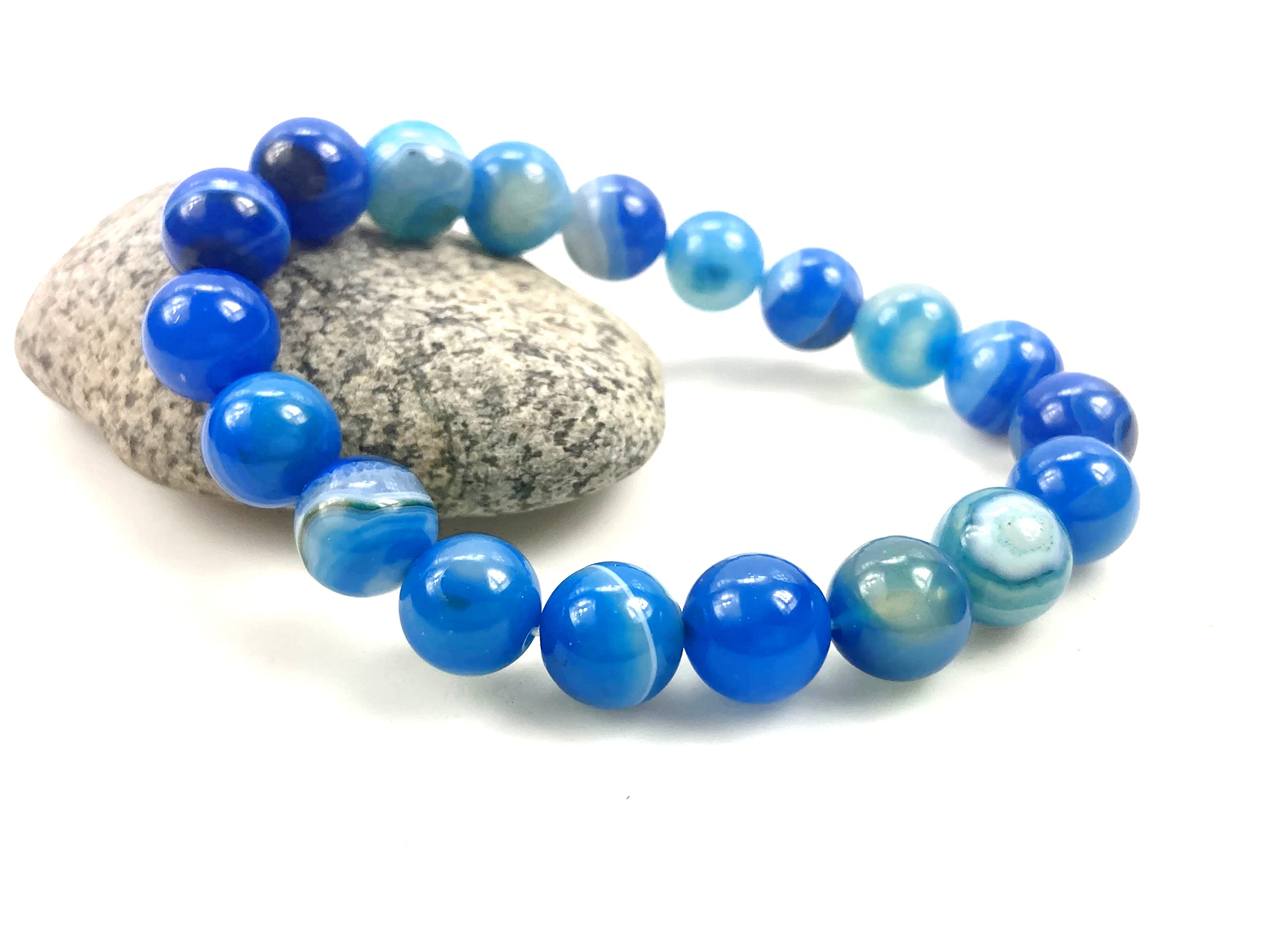 PURPLE WHALE Botswana Agate Stone Bracelet for Women, Men | Round Beads Stretch Adjustable Bracelet for Meditation, Yoga (Blue)