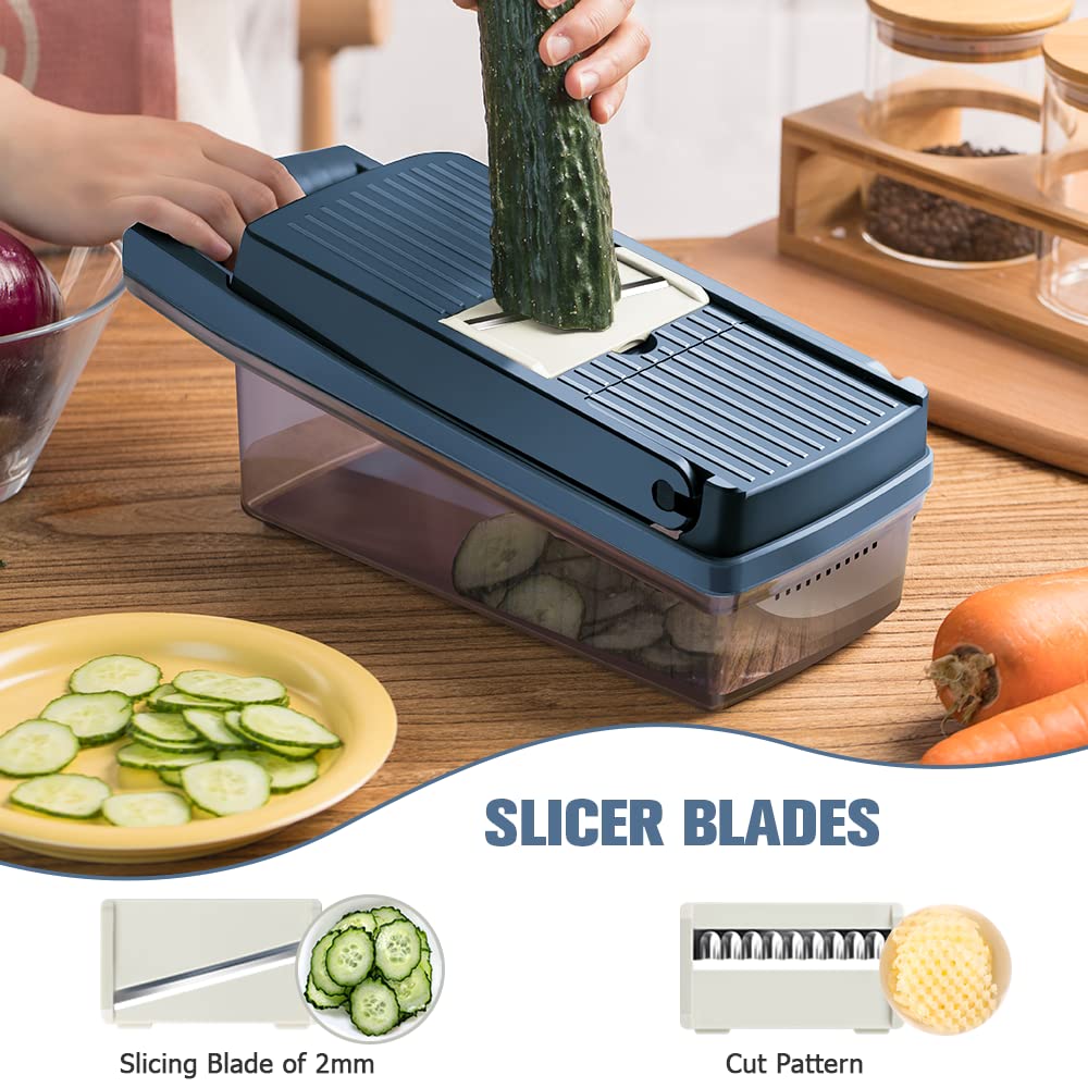 OuYteu Vegetable Chopper Dicer Onion Chopper, 15 in 1 Food Chopper Fruits Cutter with 7 Stainless Steel Blades, Adjustable Slicer, Vegetable Cutter with Drain Rack Storage Container, Kitchen Gadget