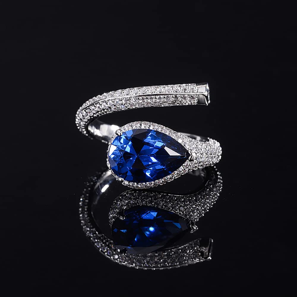 Women's Wedding Engagement Ring, s925 Silver Artificial Gemstone Ring, Emerald Ruby Aquamarine Ring, Teardrop Open Mouth Ring Ladies Jewelry with Gift Box (Blue 2 Adjustable)