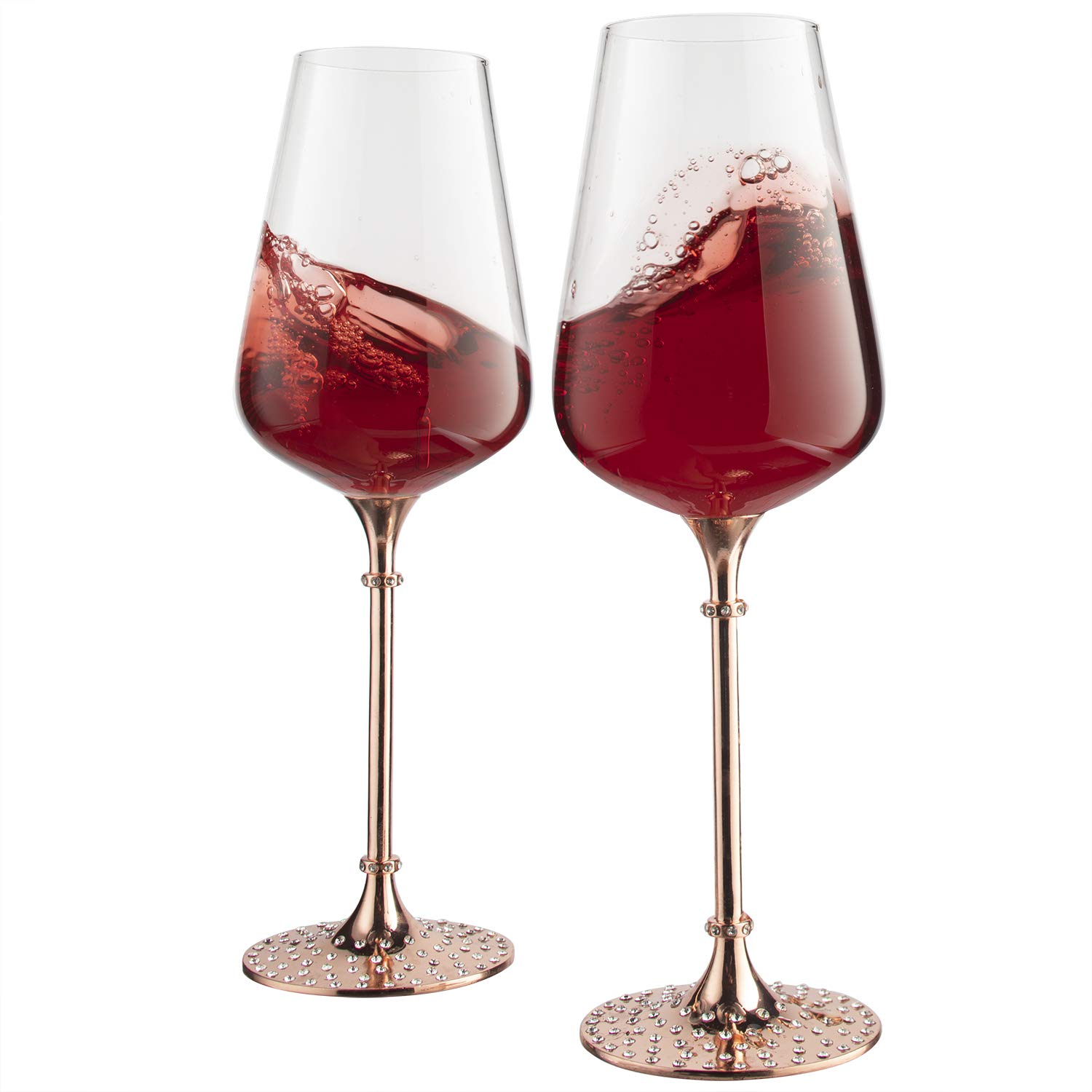 The Wine Savant Rose Gold Diamond Studded Wine Glasses - Set of 2-15 Ounce, Premium Designed Wine Glasses for Spirits and Wine, Gift Boxed