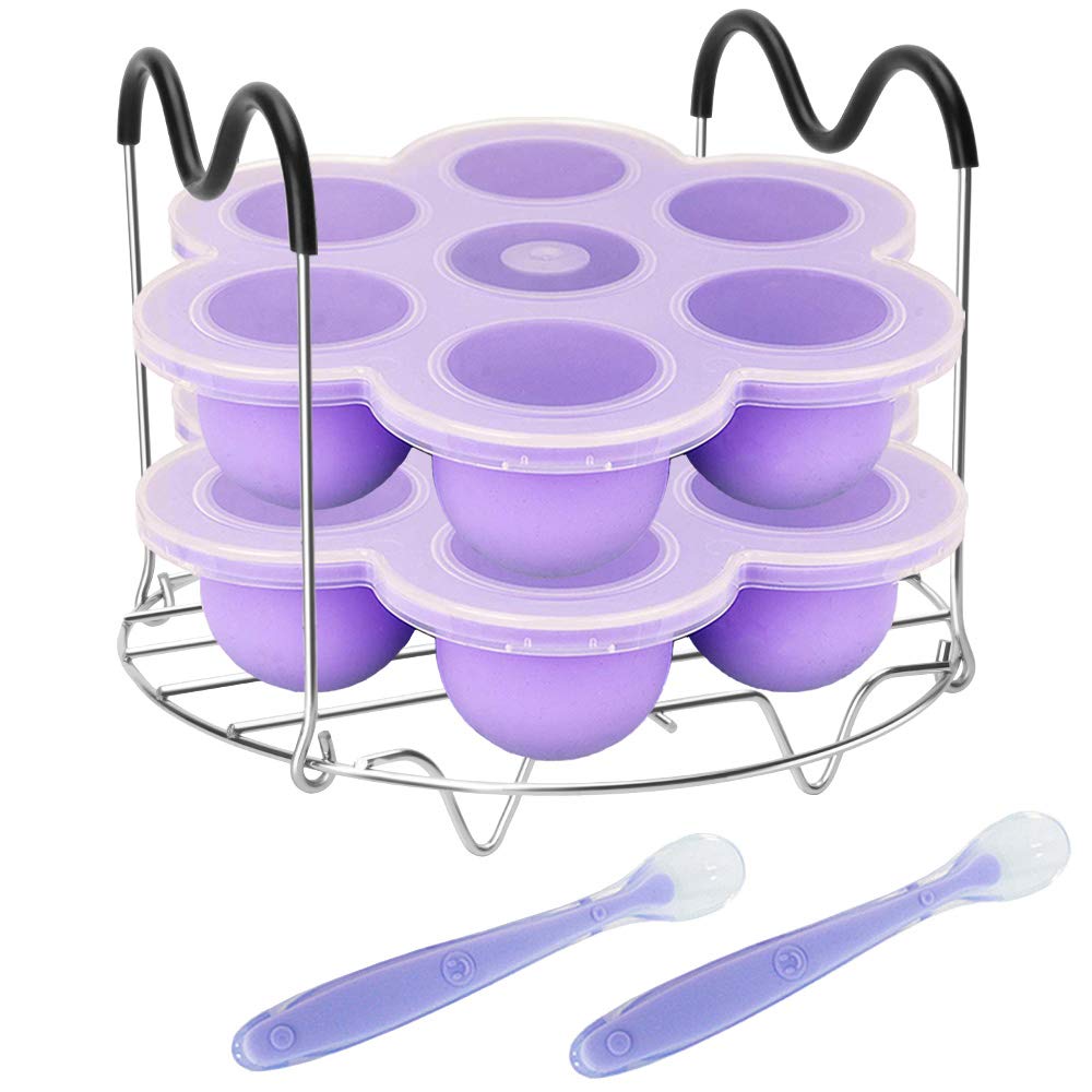 Pressure Cooker Accessories with Silicone Egg Bites Molds and Steamer Rack Trivet with Heat Resistant Handles Compatible with Instant Pot Accessories 6 Qt 8 Quart, 3 Pcs with 2 Bonus Spoons (Purple)