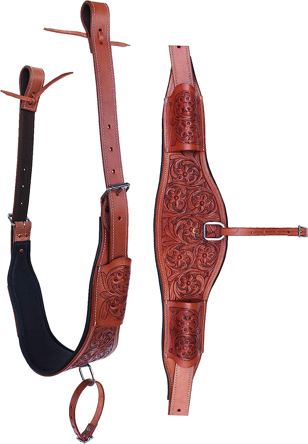 PJ DECOR Fusion Enterprises Horse Western Floral Tooled Leather Rear Flank Saddle Cinch w/Billets (Tan)