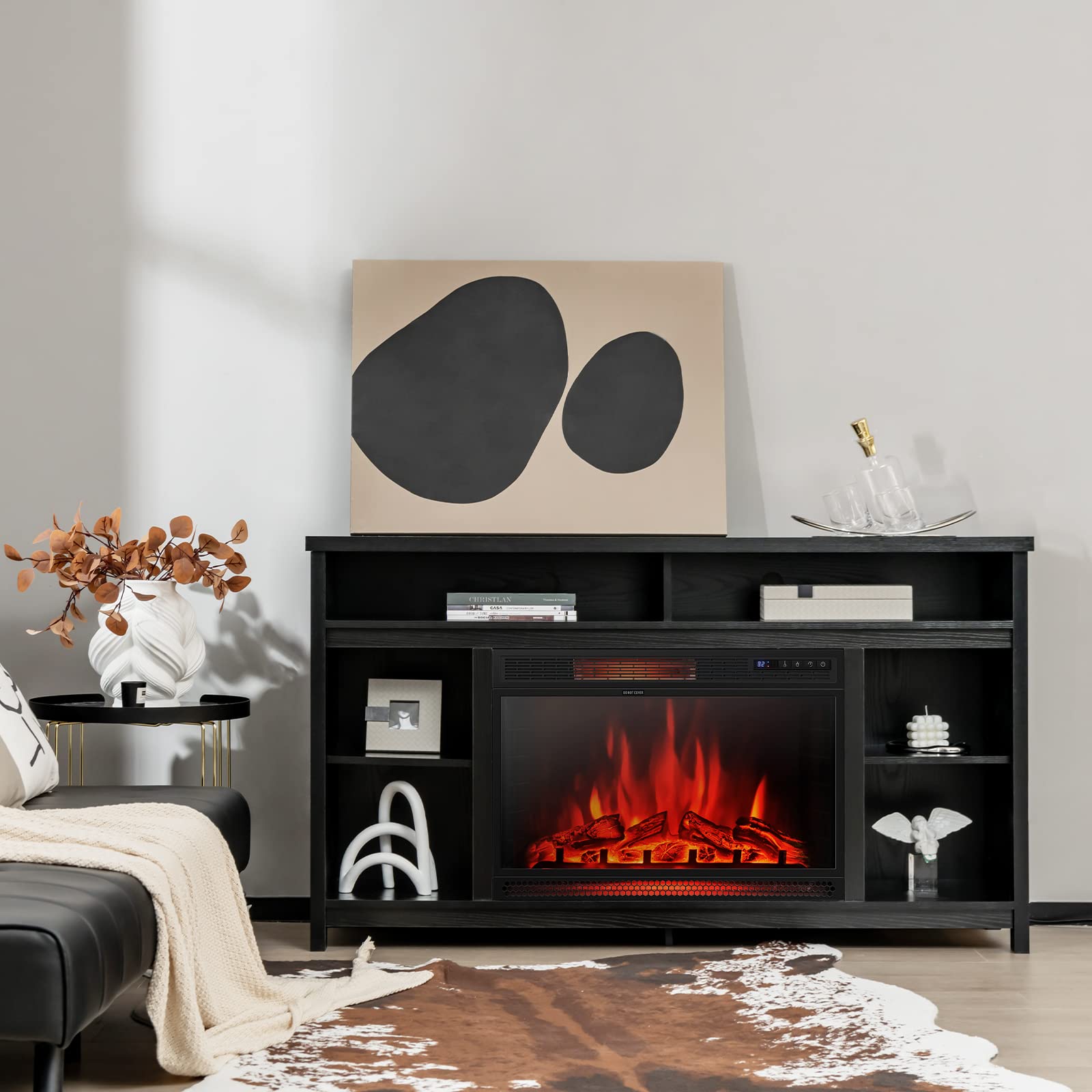 Tangkula 58 Inches Fireplace TV Stand for TVs up to 65 Inches, Modern Entertainment Center w/ 28 Inches Fireplace Insert, Remote Control, Electric Fireplace TV Console Table (Black)