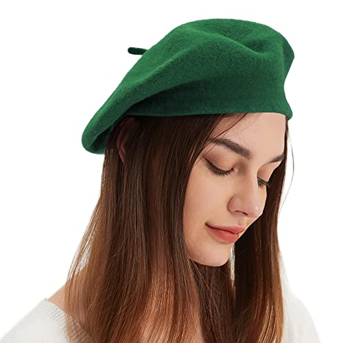 Wool Beret Hat French Beret Cap Winter Artist Painter Hat Solid Color for Women (Green)