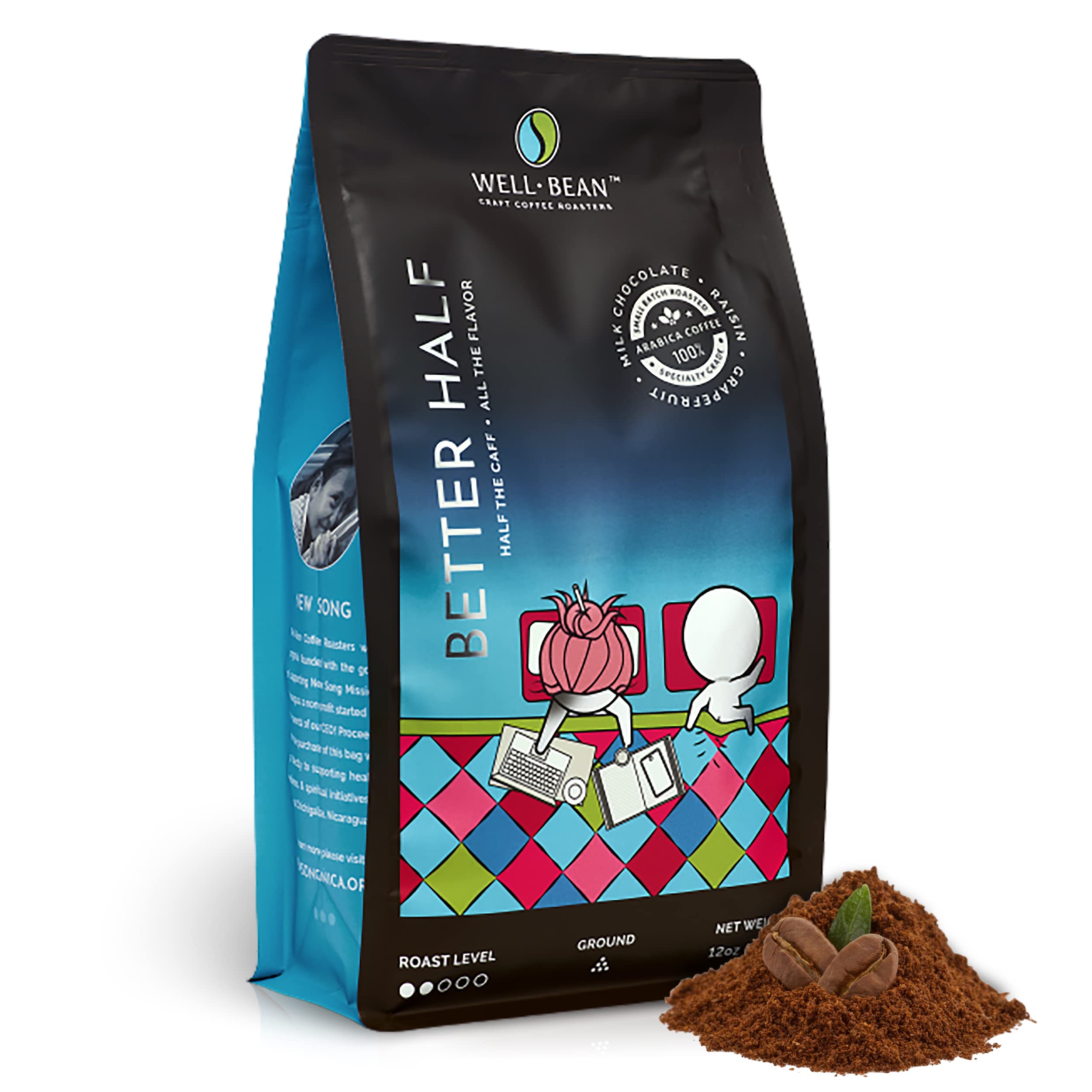 Well-Bean Coffee - Better Half Ground Coffee, Half Caff Coffee Blend, Swiss-Water-Processed Coffee Ground, Vegan Half Decaf Coffee Ground, Lightly Roasted Coffee, 12 oz