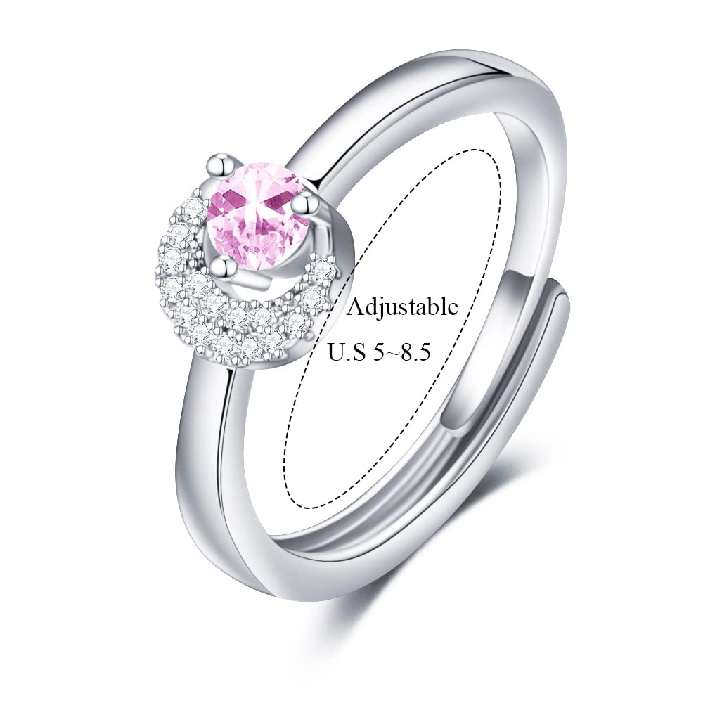 UEUC Moon Birthstone Ring for Women, 14K Silver Plated Crescent 5A Zircon Open Adjustable Ring, Wedding Engagement Statement Promise Ring(#10)