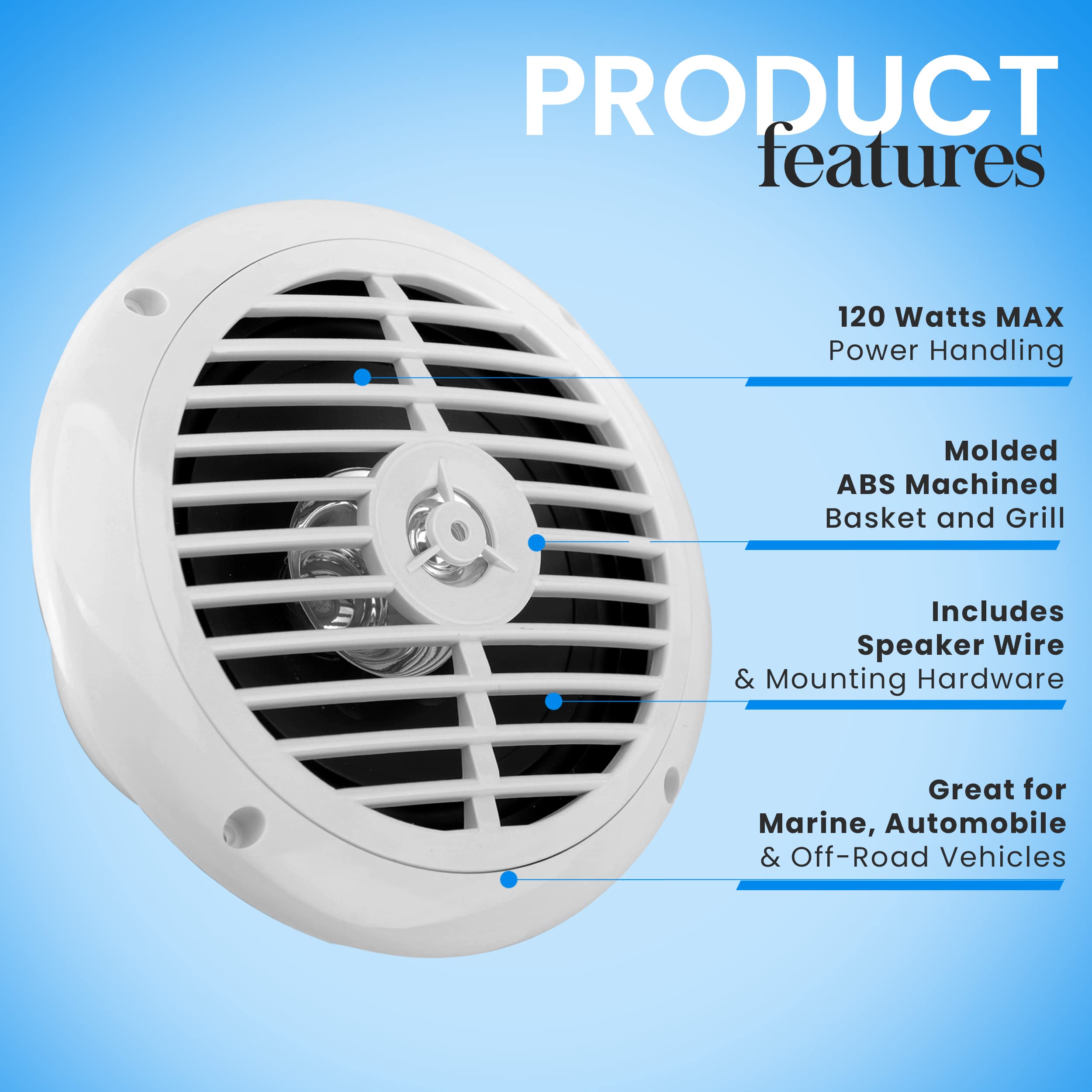 Pyle 6.5 Inch Dual Marine Speakers - 2 Way Waterproof and Weather Resistant Outdoor Audio Stereo Sound System with 120 Watt Power, Polypropylene Cone and Cloth Surround - 1 Pair - PLMR67W (White)