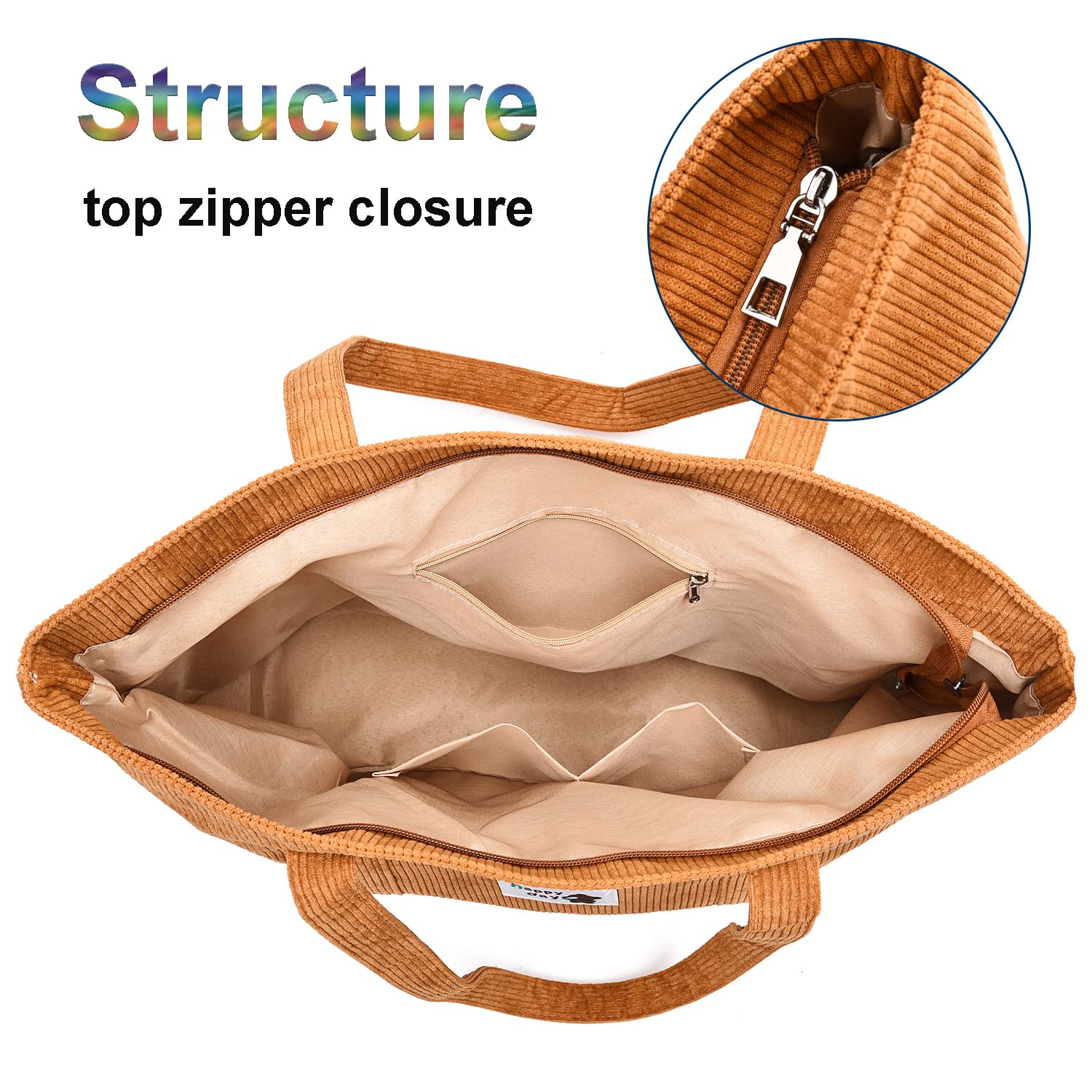 Women Large Corduroy Tote Bags Zippered for Shopping College Beach Work Everyday Purse with Long Handles