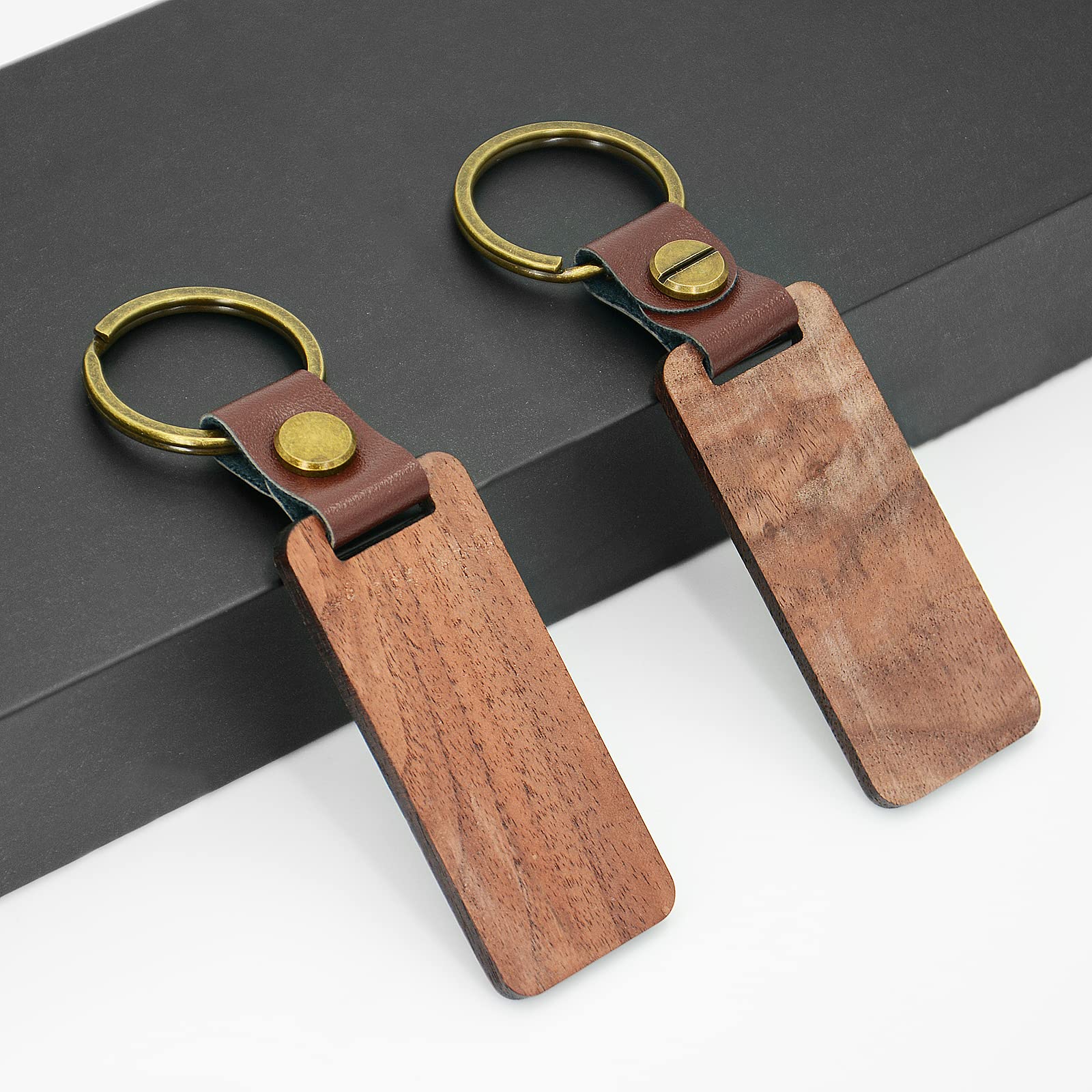 Wood Keychain Blanks - Wooden Keychain, Laser Engraved Keyring, Birthday Gift, Real Leather Keychain Strap, Best Gifts Ever, Customizable, Engravable, Name Initials