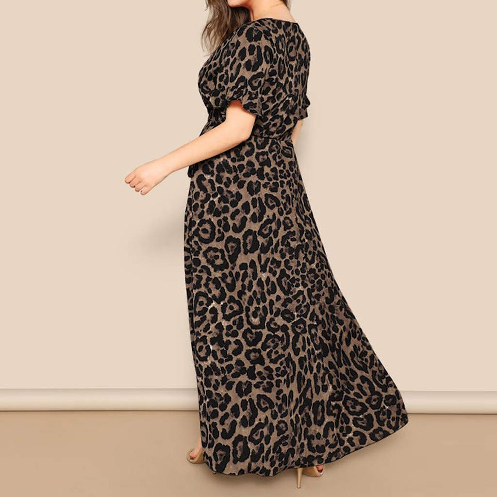 Women Leopard Maxi Dress Plus Size Wrap Deep V Neck Long Dress High Waisted Belt Ruffle Swing Dress