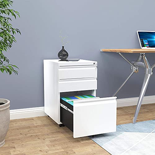 YITAHOME 3-Drawer Mobile File Cabinet with Lock, Office Storage Filing Cabinet for Legal/Letter Size, Pre-Assembled Metal File Cabinet Except Wheels Under Desk-White